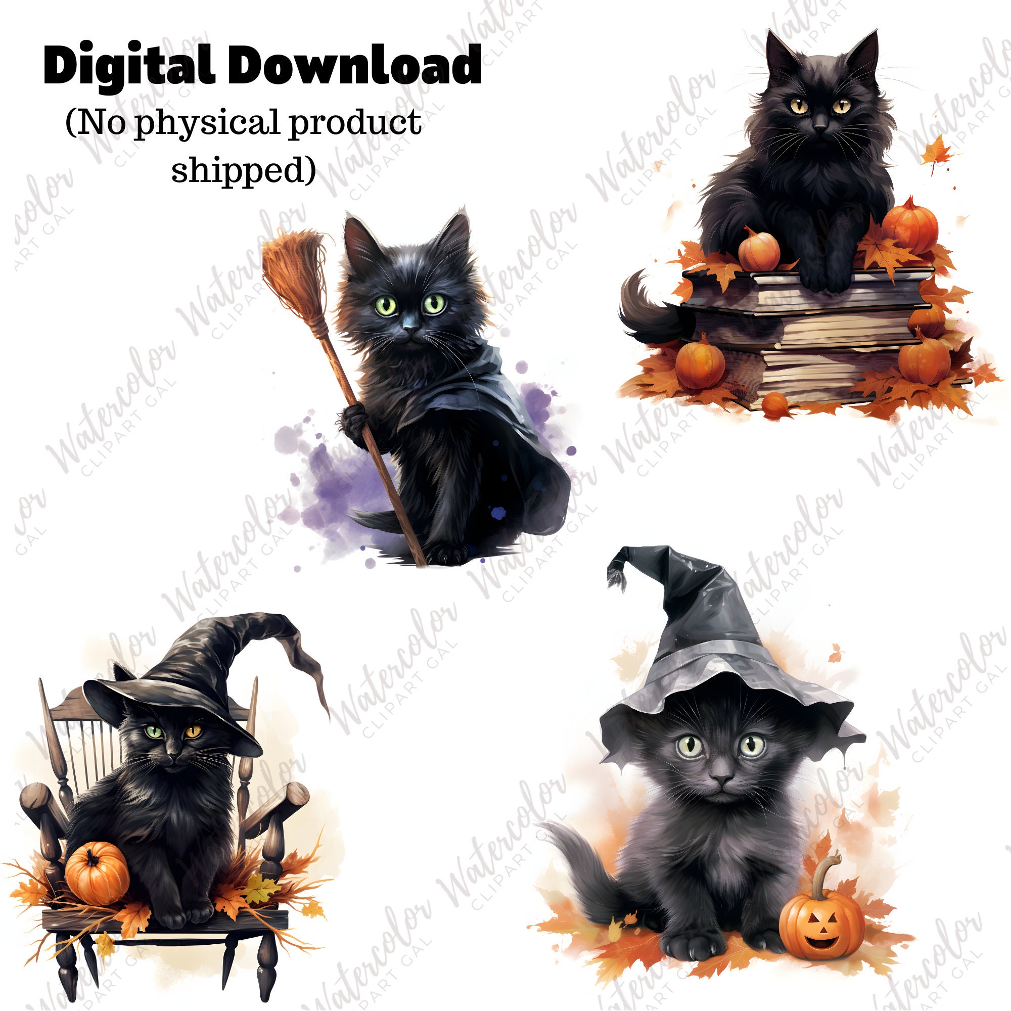 Halloween Witchy Cat Clipart PNG Watercolor Bundle Halloween - Etsy