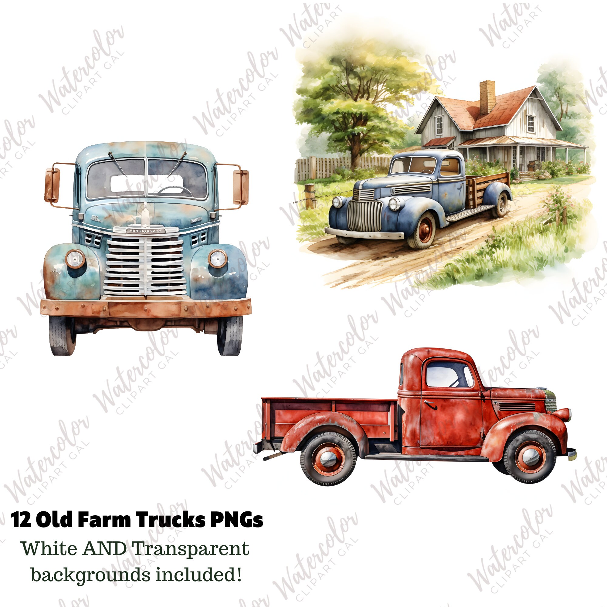 Vintage Farm Truck Clipart Watercolor PNG Bundle Farm Digital Print ...
