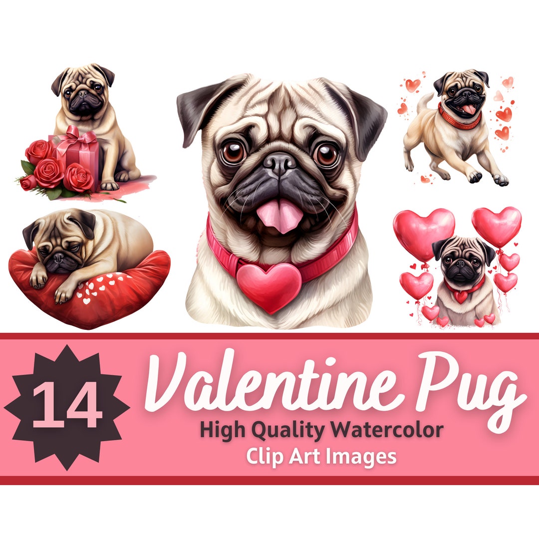 Valentines Day Pug Clipart Watercolor Bundle | Valentine's Day Clipart ...