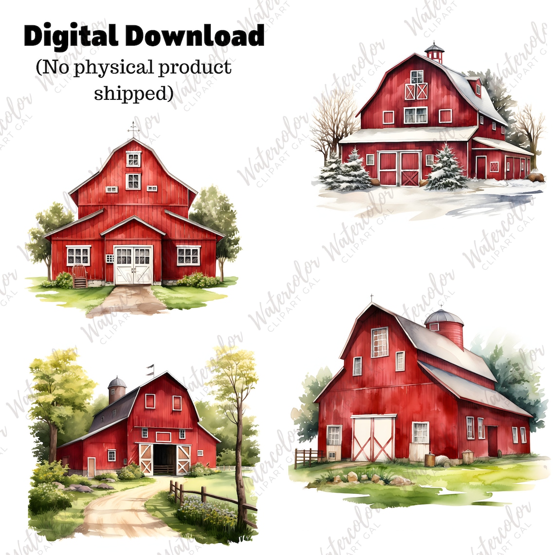 Vintage Red Barn Clipart Watercolor PNG Bundle Farmers House - Etsy