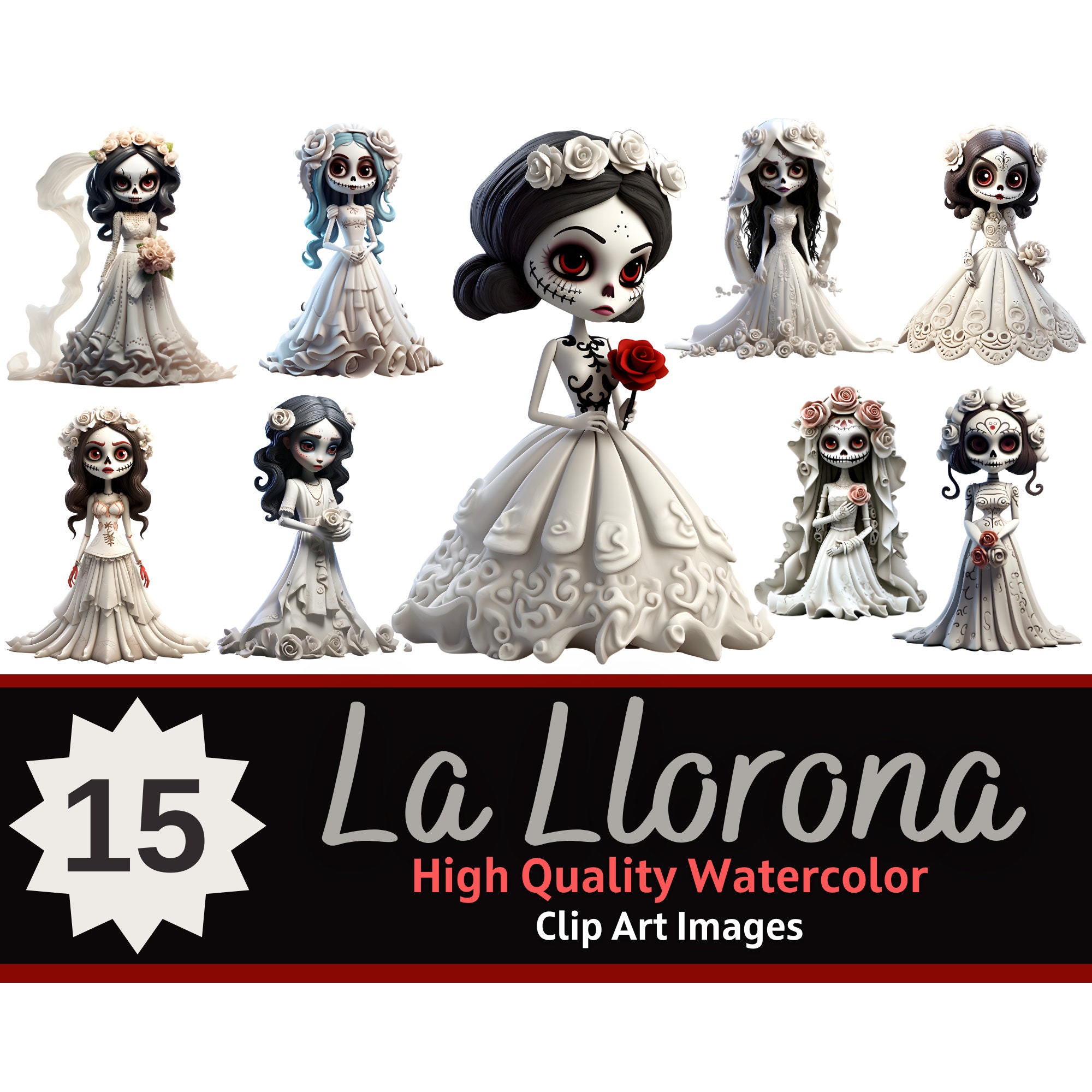 Day of the Dead La Llorona PNG Watercolor Bundle Kawaii Skull Mexican ...