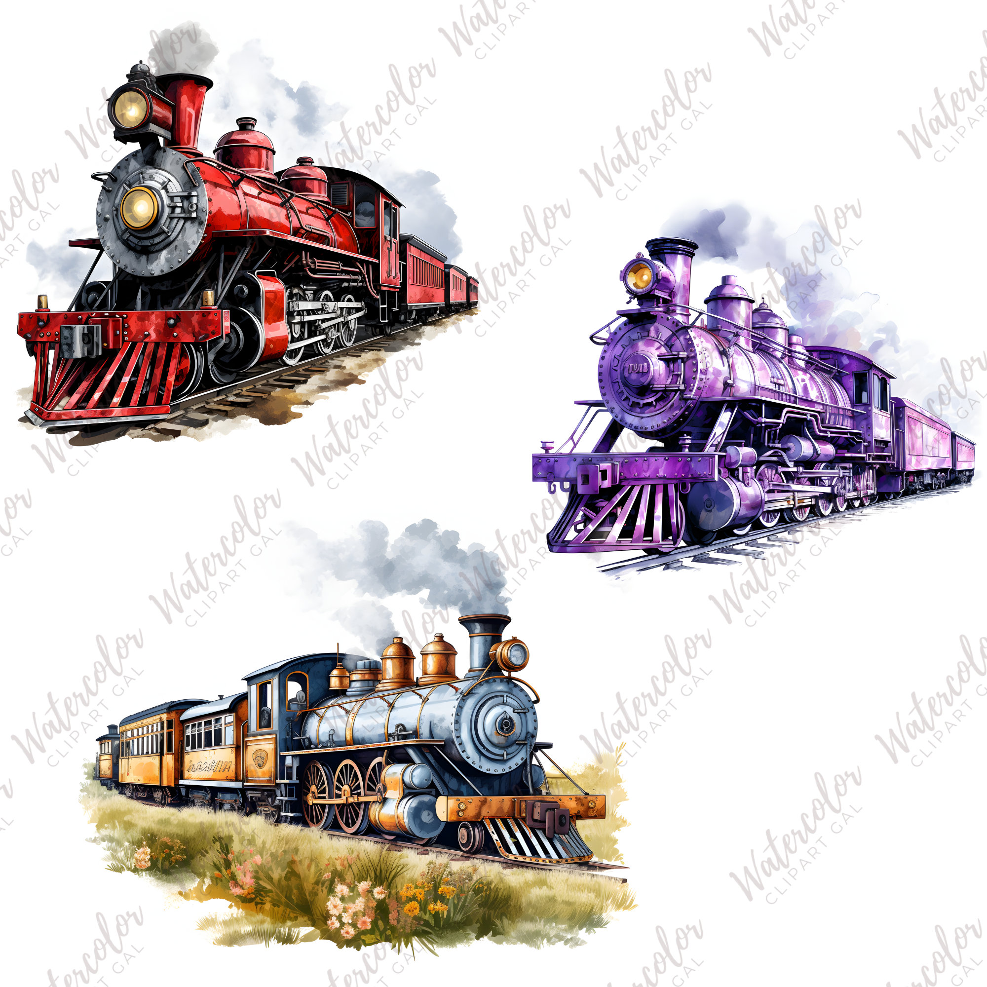 Watercolor Train Clipart PNG Bundle Vintage Train PNG Steam Train Art ...