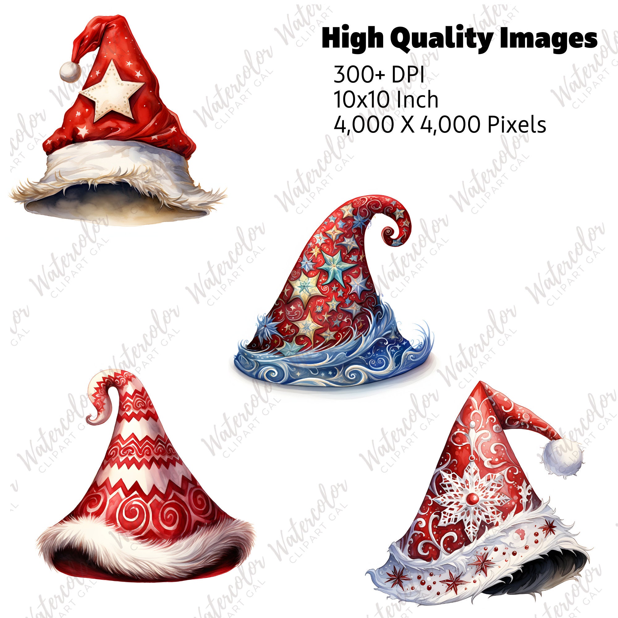 Whimsical Santa Hats Clipart PNG Watercolor Bundle Unique Santa Hat ...