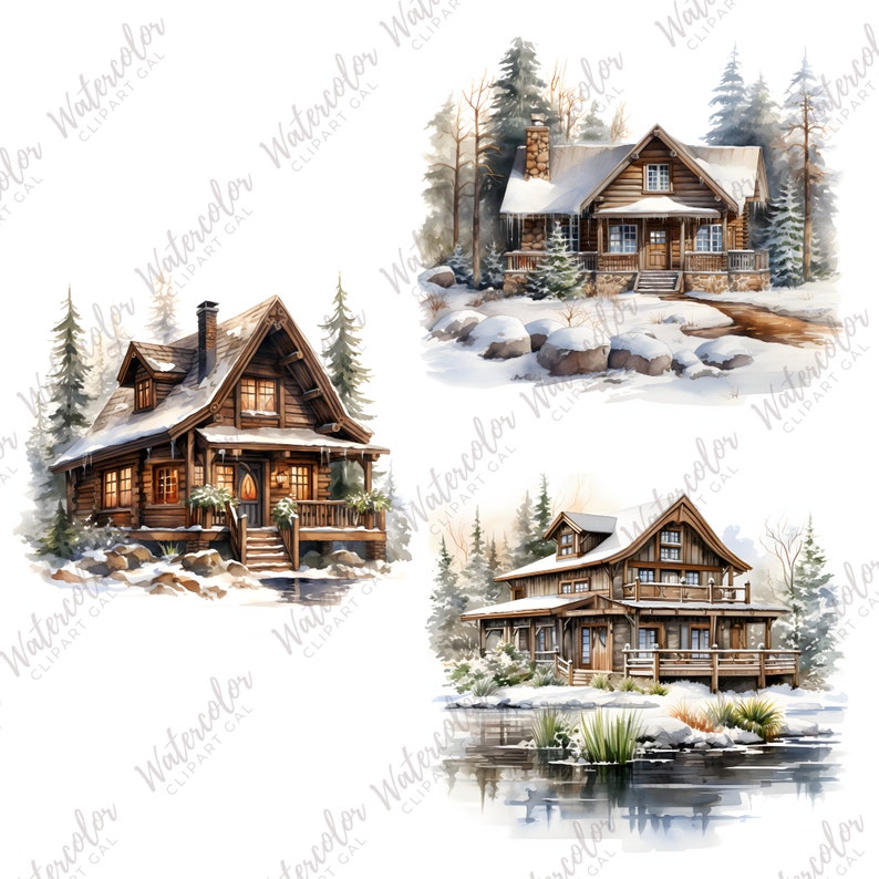 Cozy Winter Log Cabin Clipart Watercolor PNG Rustic Winter Cabin PNG ...