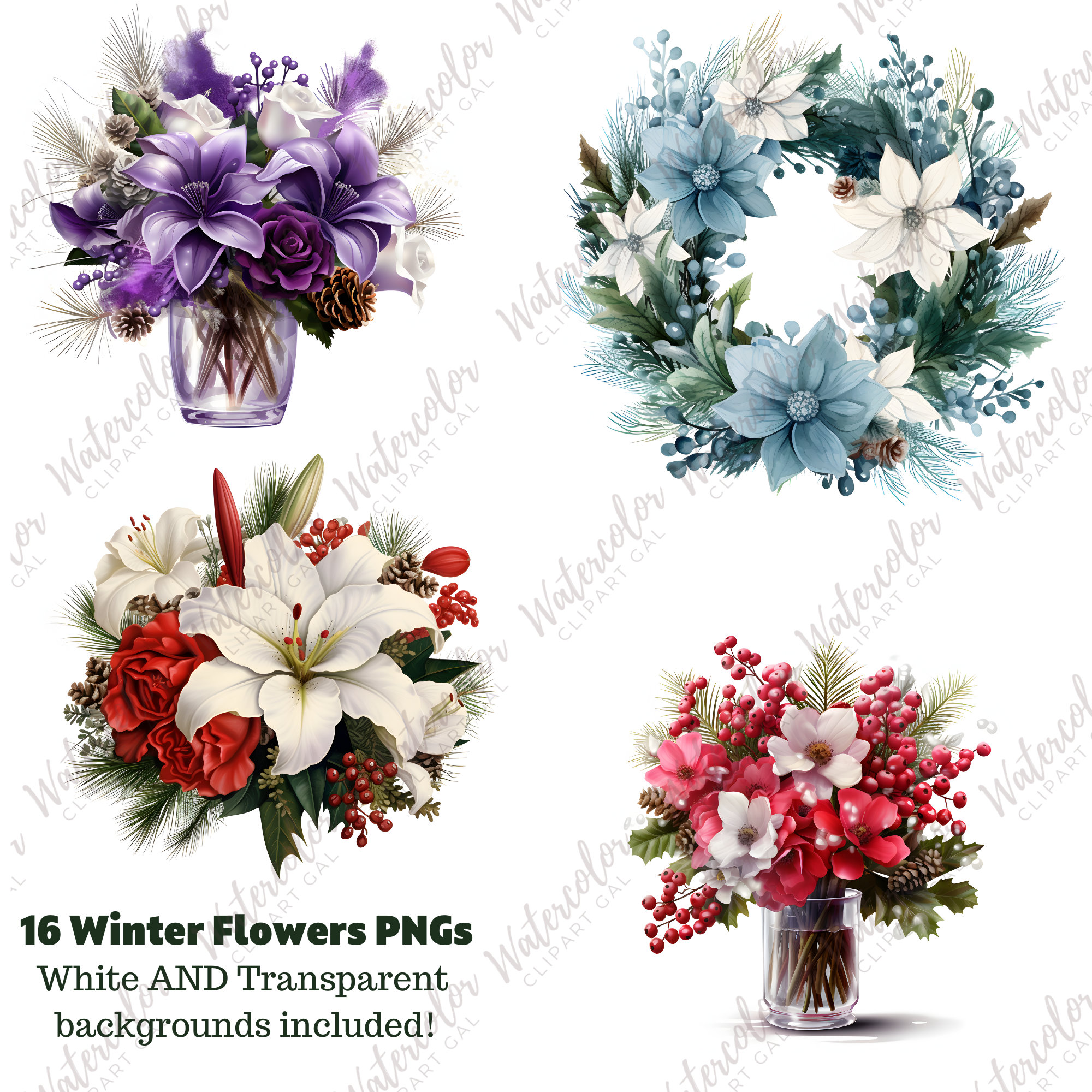 Winter Flowers Clipart Watercolor Bundle Christmas Flowers Clipart ...