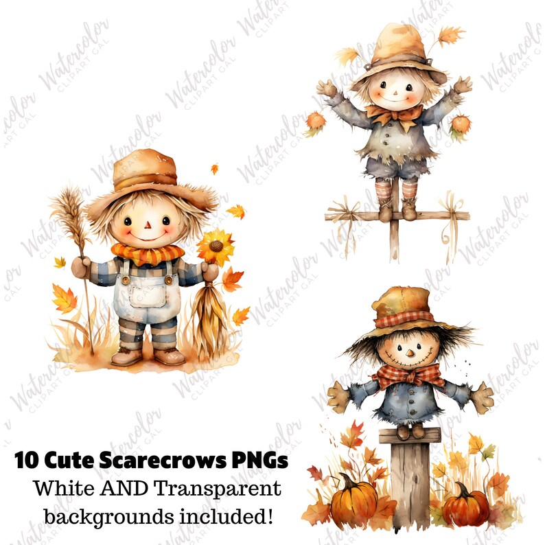 Autumn Fall Scarecrow PNG Clipart Watercolor Bundle Cute - Etsy