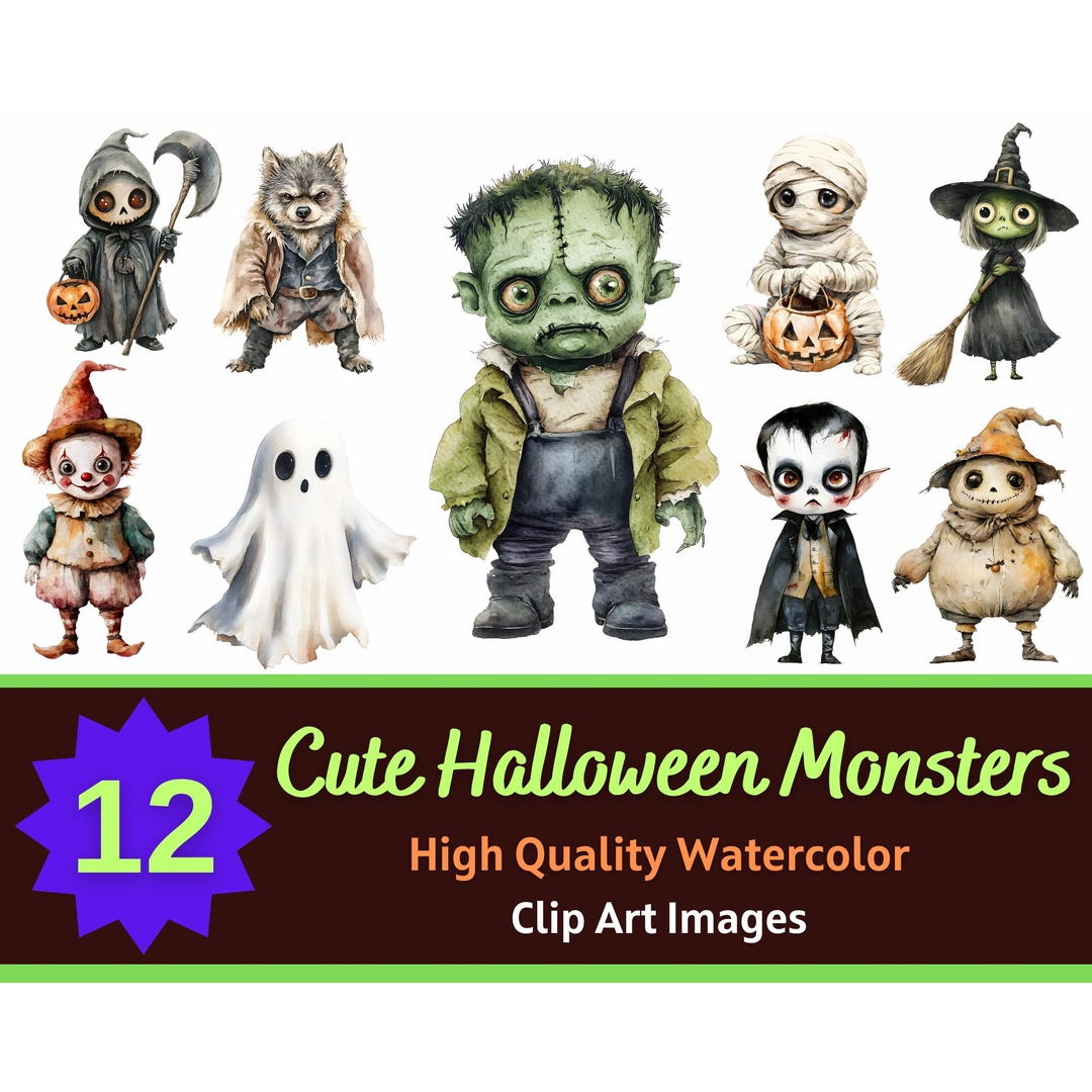 Cute Halloween Monster Watercolor Clipart PNG Bundle | Whimsical ...