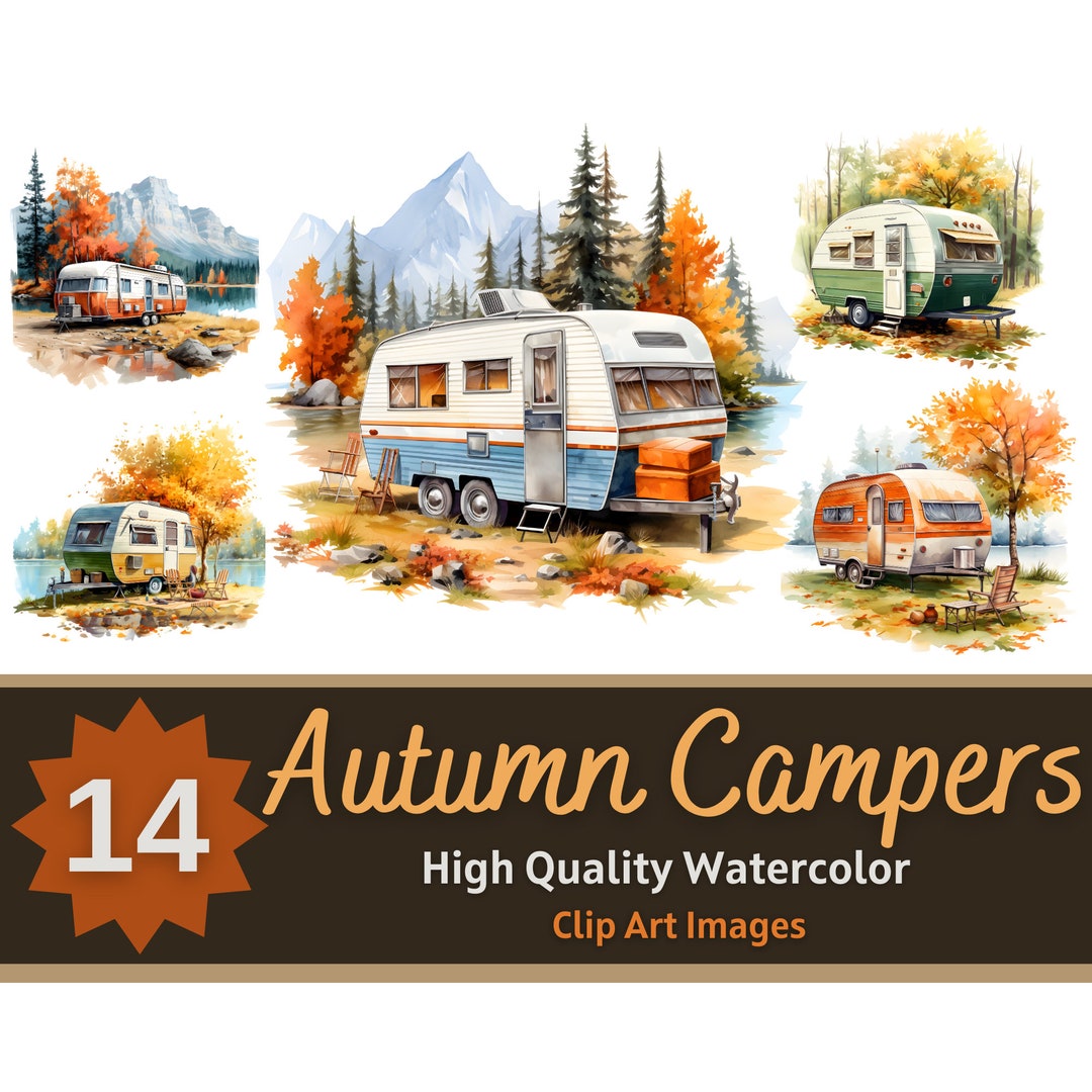 Autumn RV Camper Clipart Watercolor Bundle | Fall Camper PNG | Fall ...