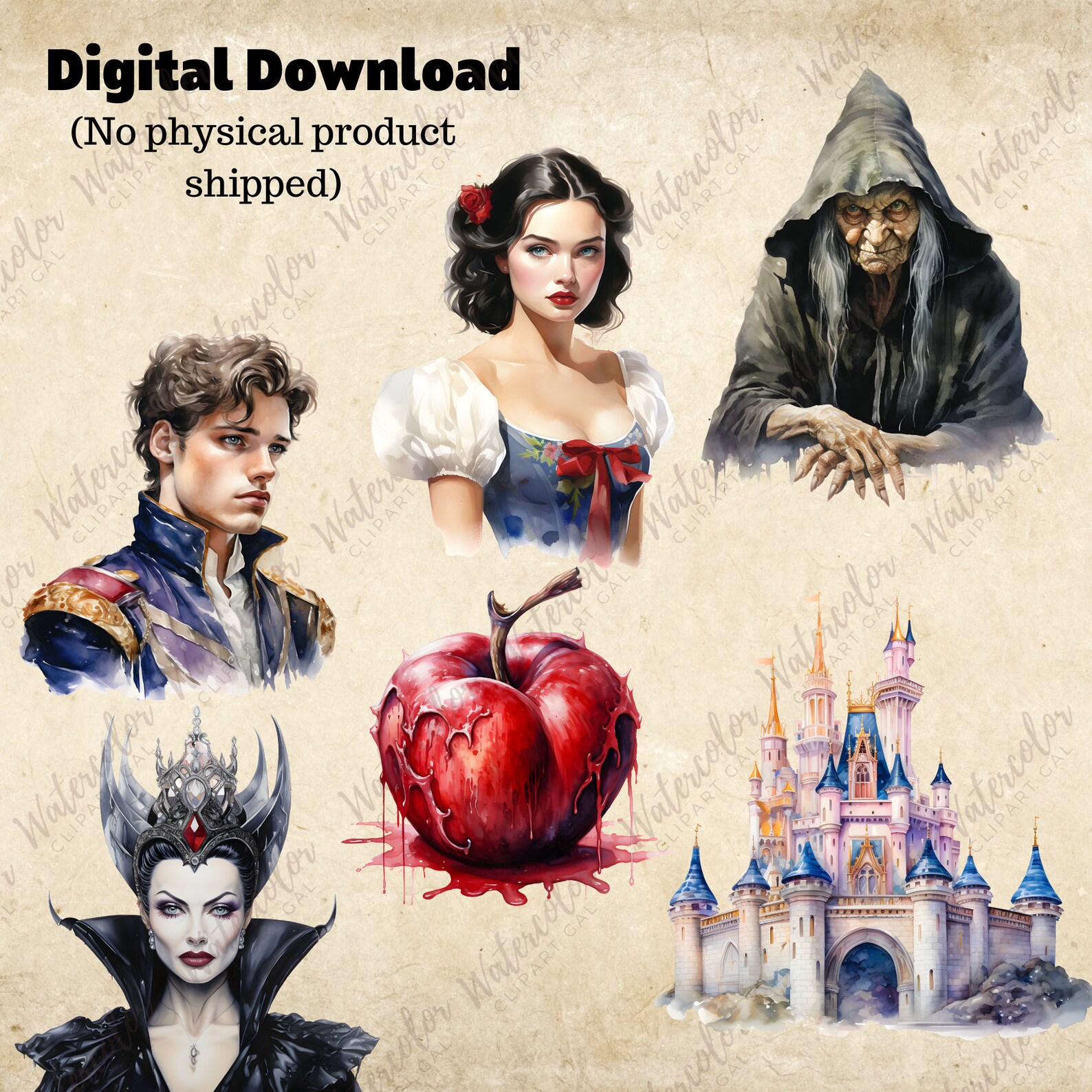 Snow White PNG Watercolor Bundle Snow White Clipart Fairytale Princess ...