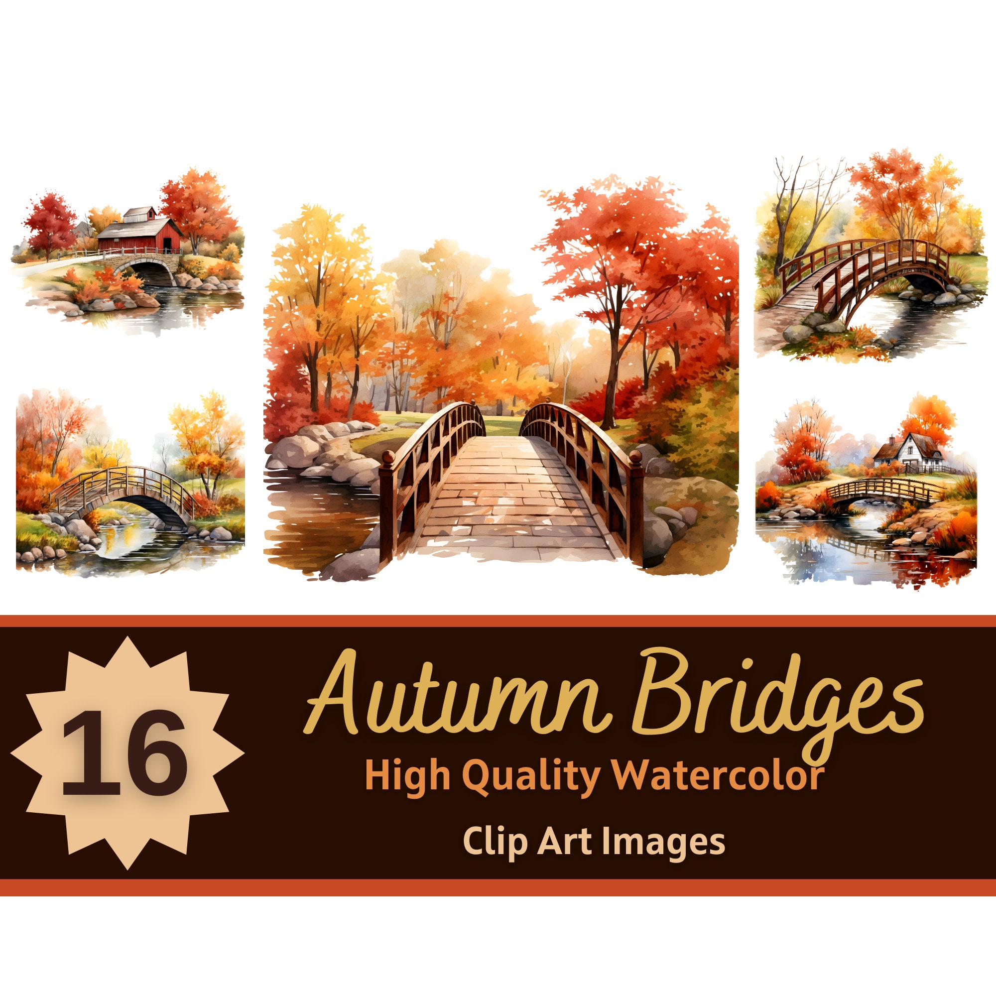 Autumn Bridges PNG Clipart Watercolor Bundle Fall Bridge PNG Seasonal ...