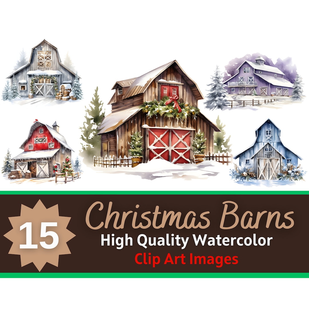 Christmas Farm Barns Watercolor PNG Bundle - Winter Barn Farmhouse Pngs ...