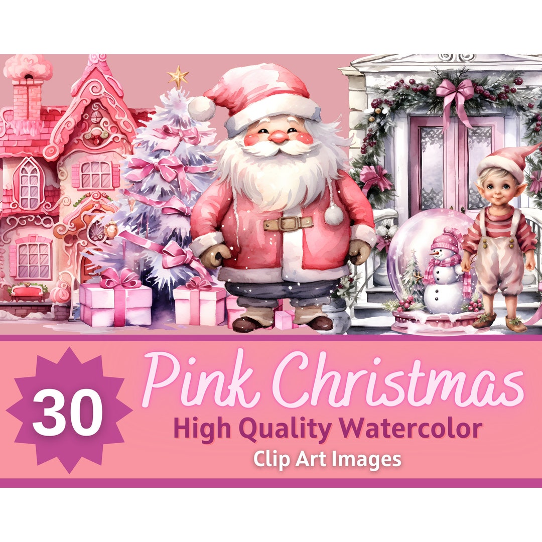 Watercolor Pink Christmas Clipart PNG Bundle - Pink Winter Christmas ...