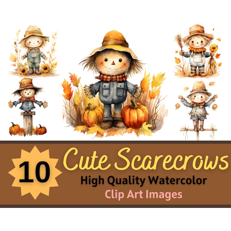 Autumn Fall Scarecrow PNG Clipart Watercolor Bundle Cute - Etsy
