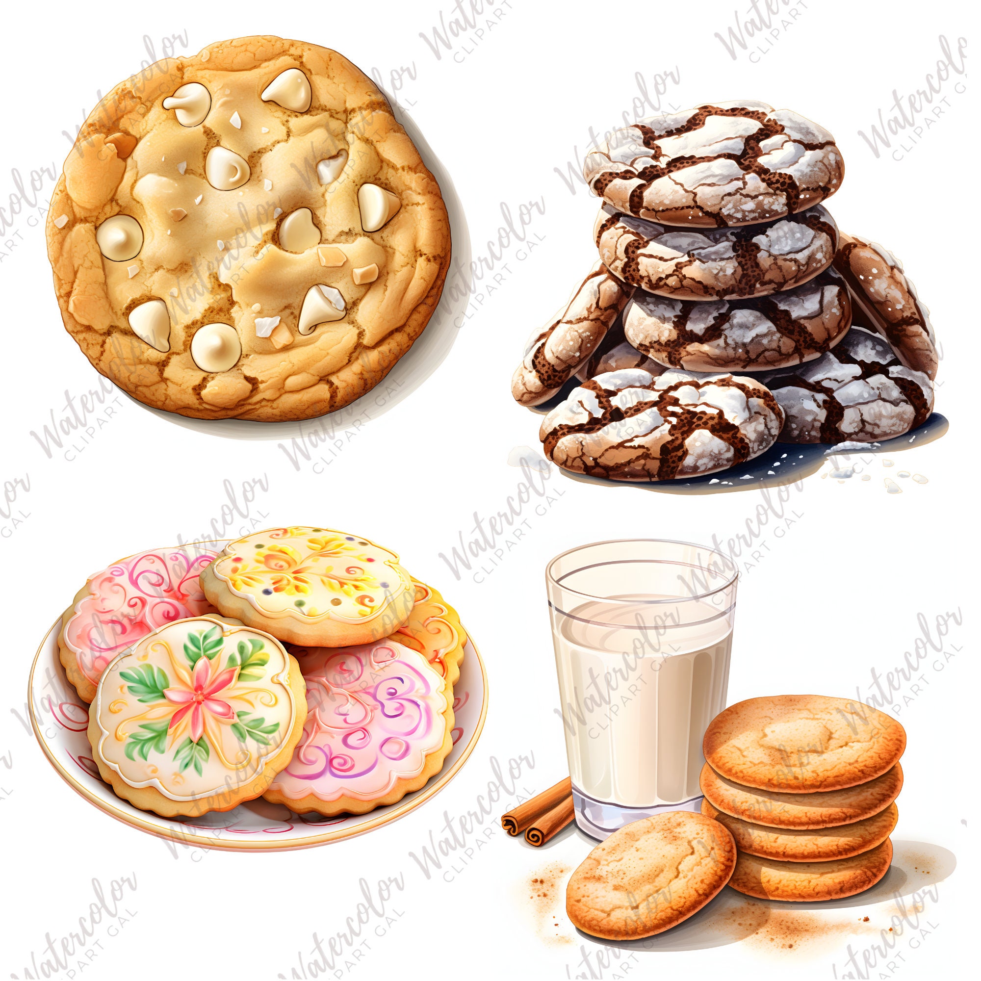 Cookie Clipart Watercolor Bundle Dessert Clipart Chocolate Chip Cookie ...