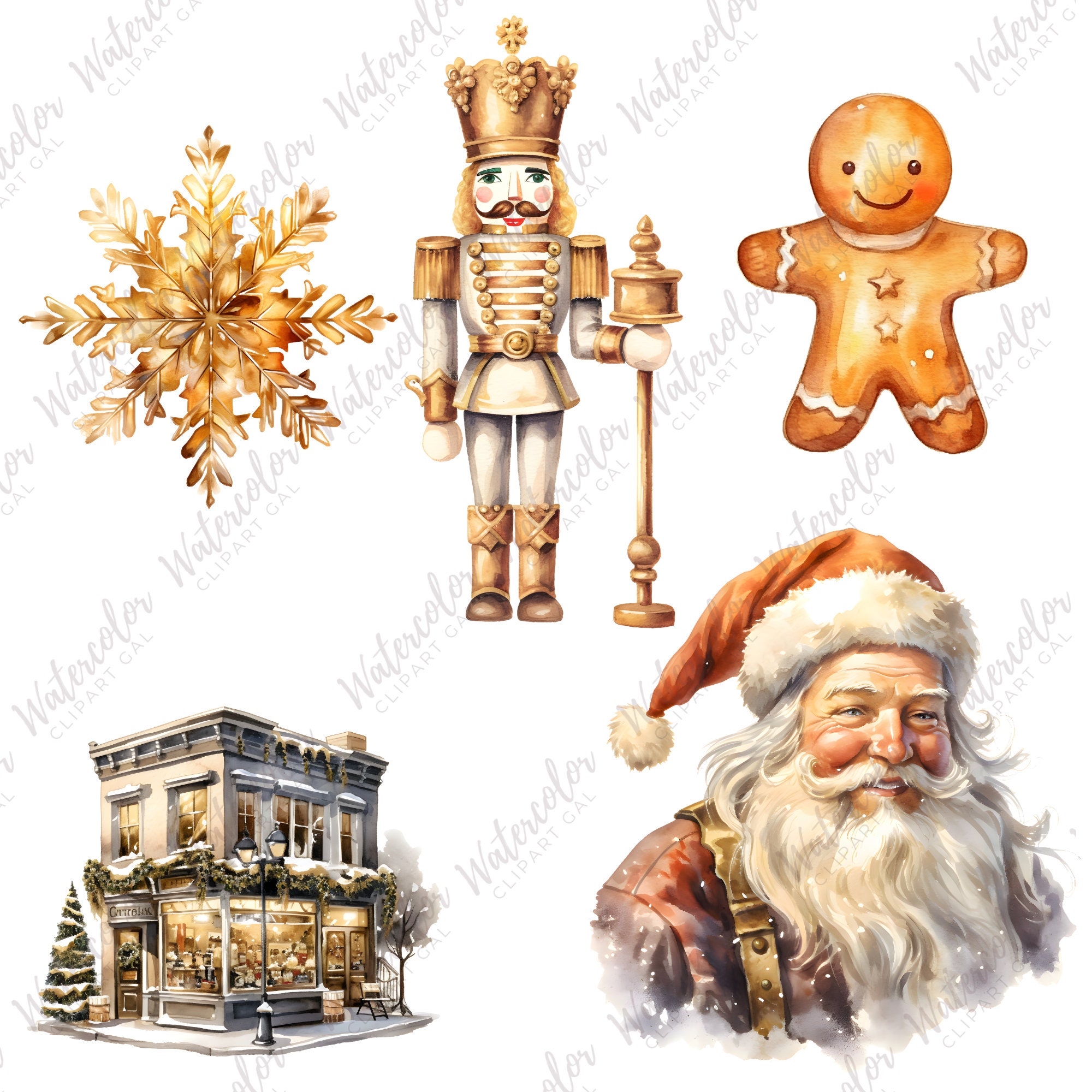 Watercolor Gold Christmas Clipart PNG Bundle Golden Christmas Card ...
