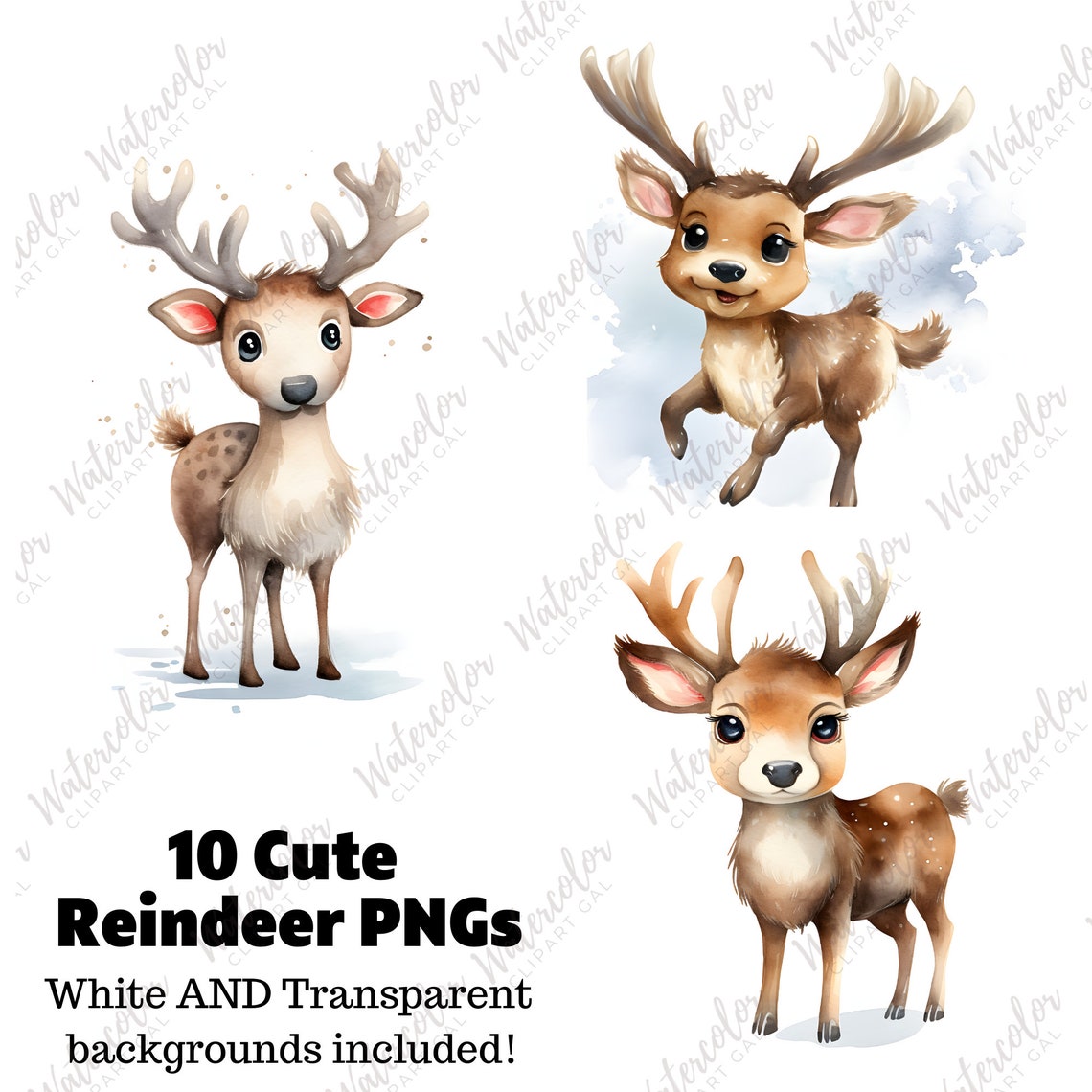 Santa's Reindeer Clipart PNG Watercolor Bundle Cute - Etsy