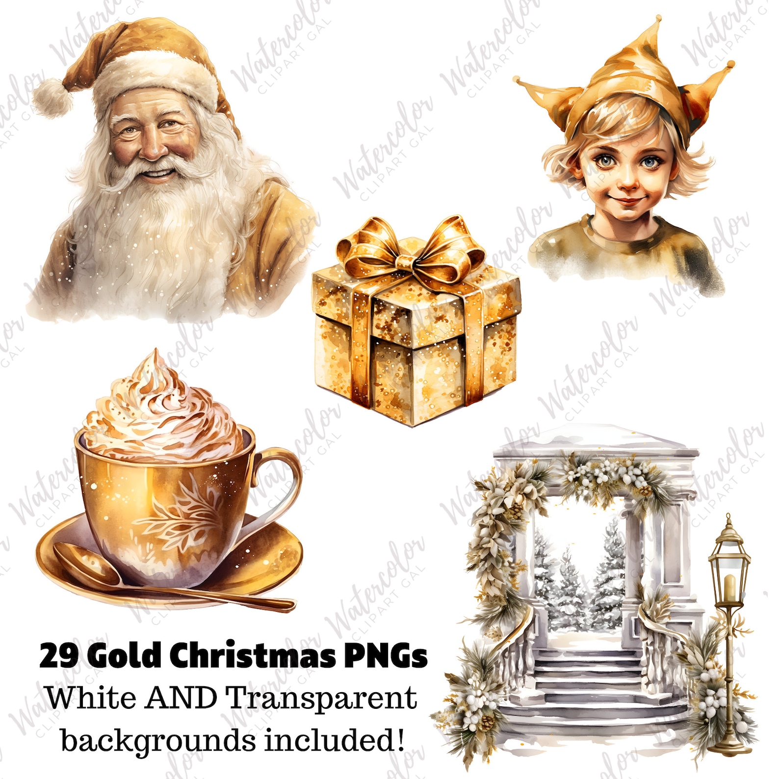 Watercolor Gold Christmas Clipart PNG Bundle Golden Christmas Card ...