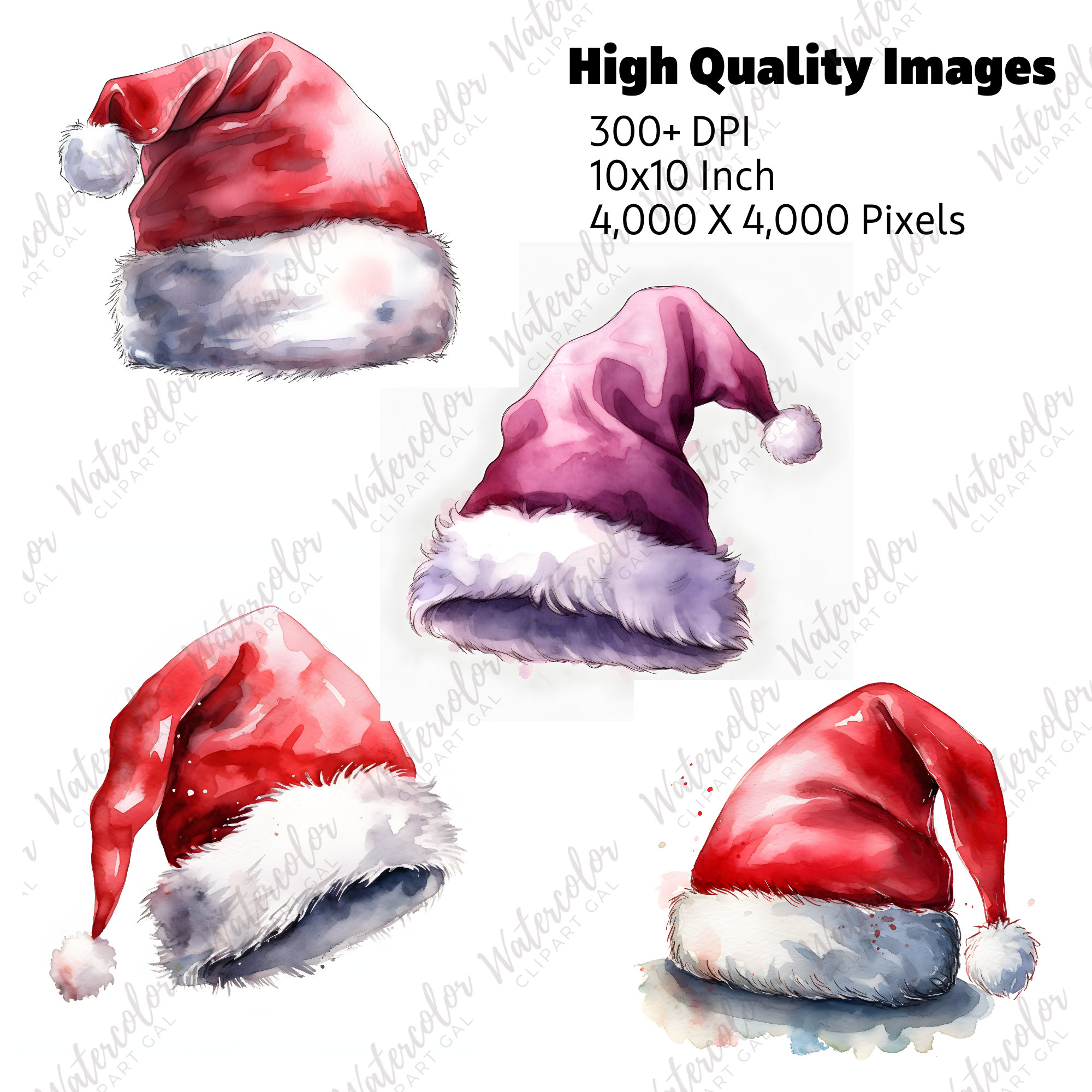 Watercolor Santa Hats Clipart PNG Bundle Christmas Card Clipart Holiday ...