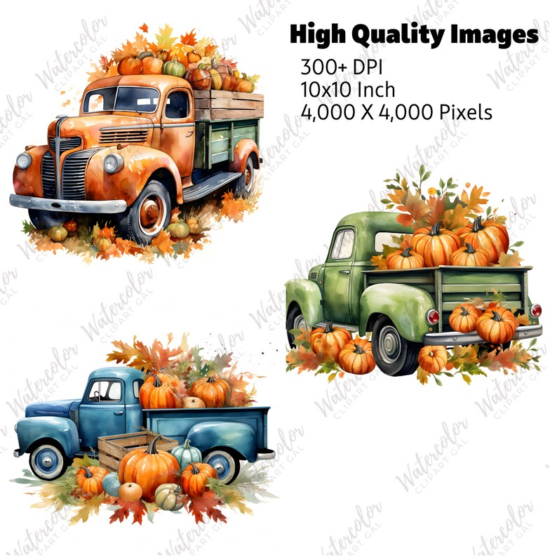 Fall Trucks With Pumpkins PNG Watercolor Autumn Trucks With Orange ...