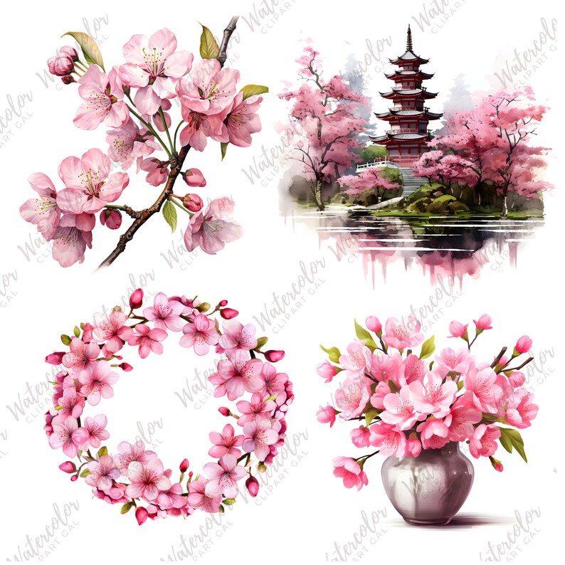 Cherry Blossom Clipart Watercolor Bundle | Cherry Blossom PNG | Floral ...