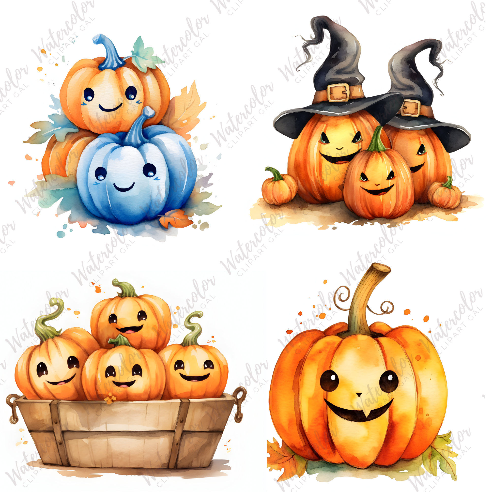 Cute Pumpkins Watercolor Halloween PNG Bundle Kawaii Pumpkins Halloween ...