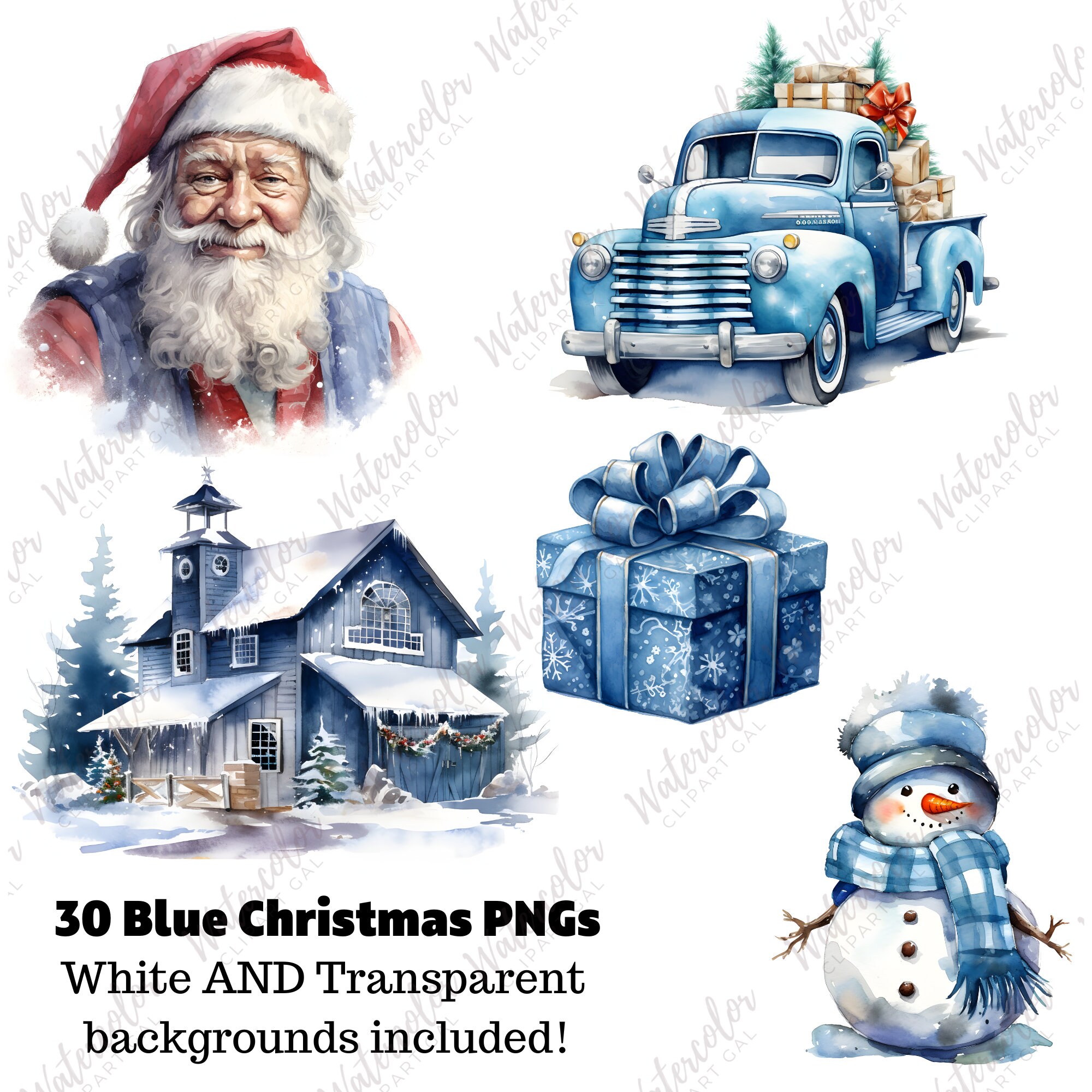 Watercolor Blue Christmas Clipart PNG Bundle Christmas Card - Etsy
