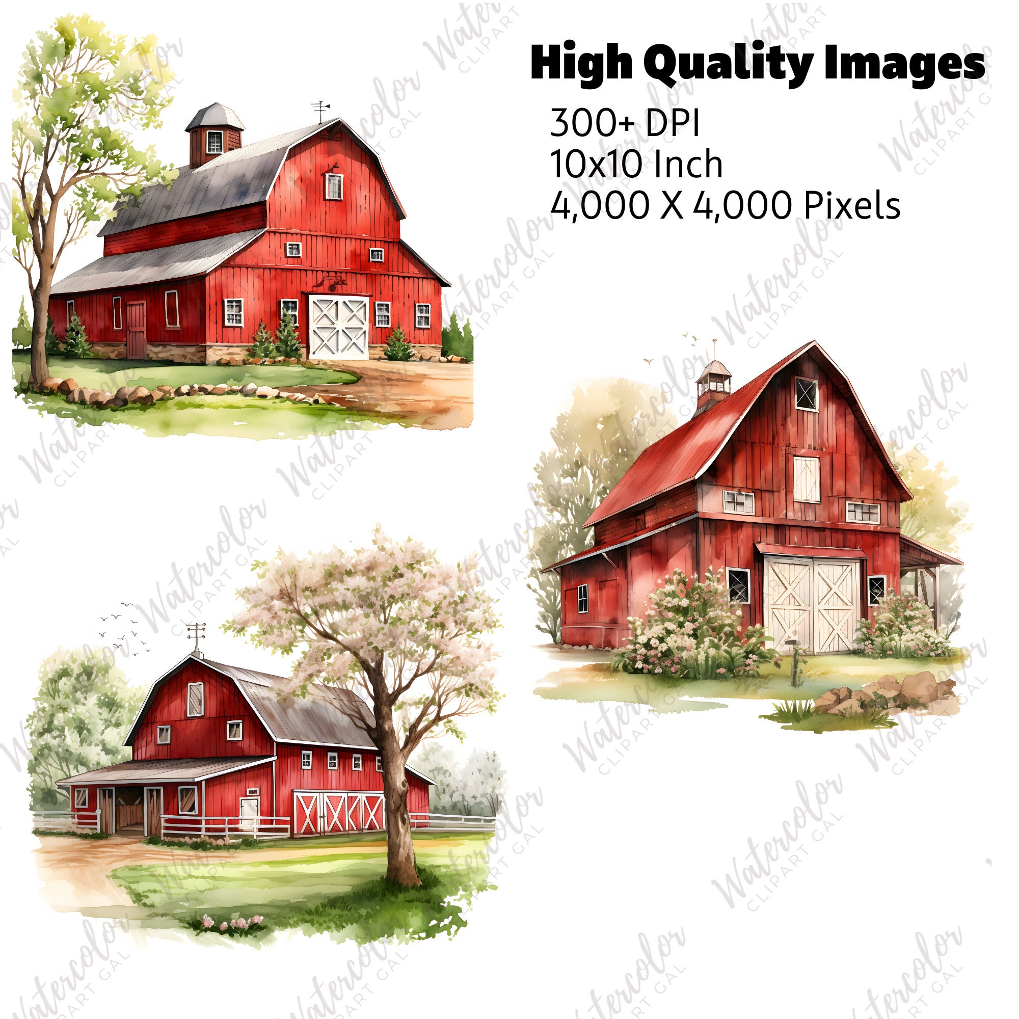 Vintage Red Barn Clipart Watercolor PNG Bundle Farmers House Pngs ...