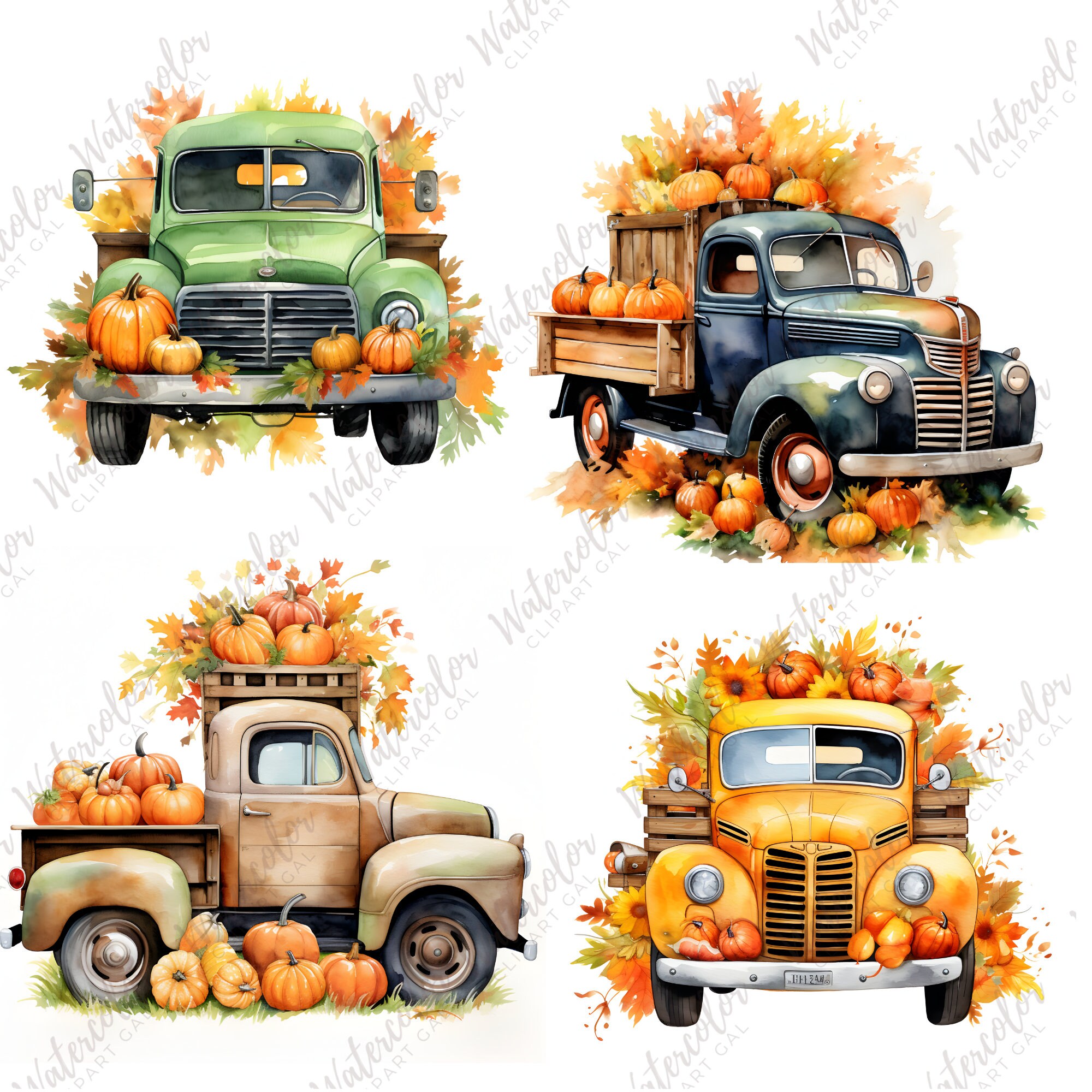 Fall Trucks With Pumpkins PNG Watercolor Autumn Trucks With Orange ...