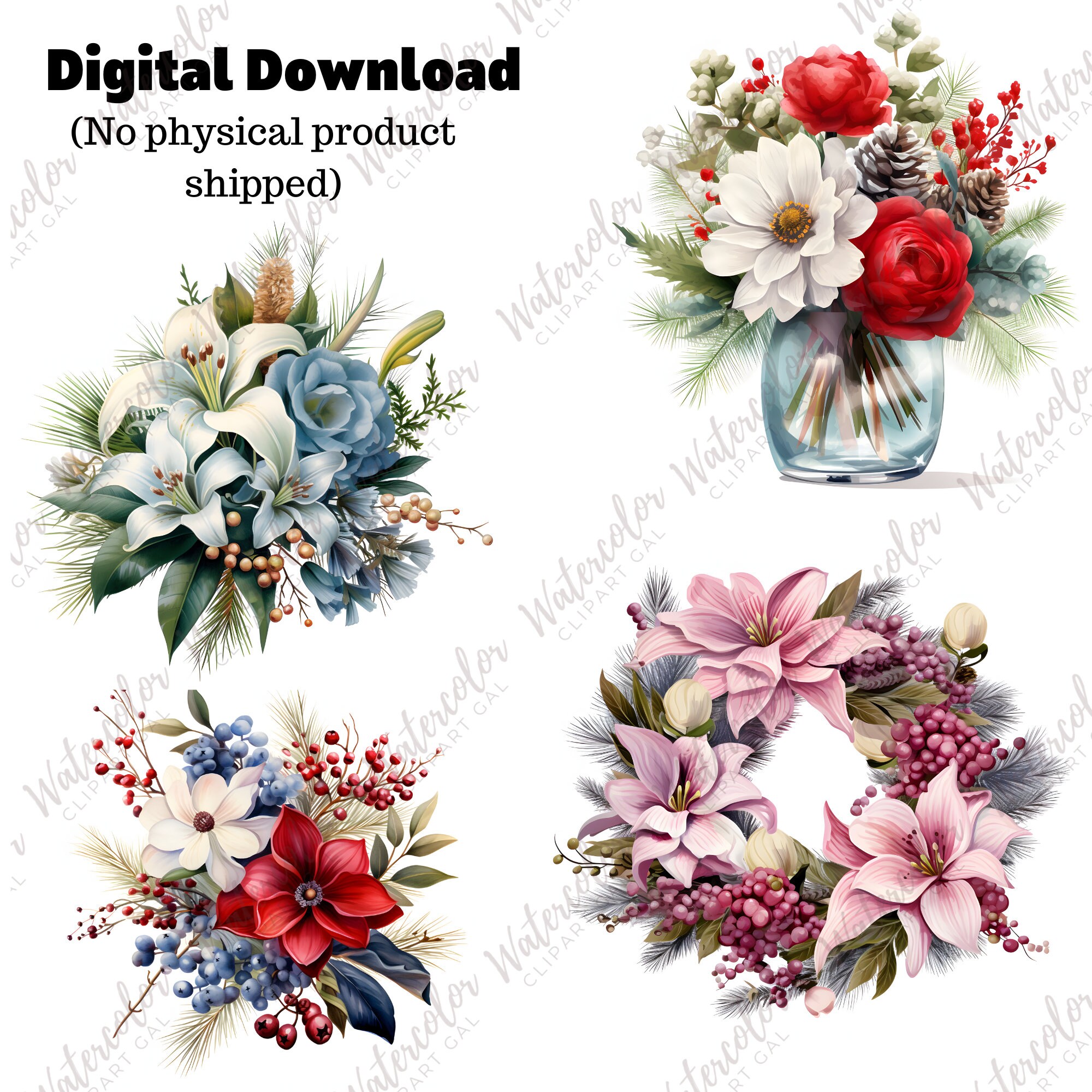 Winter Flowers Clipart Watercolor Bundle Christmas Flowers Clipart ...