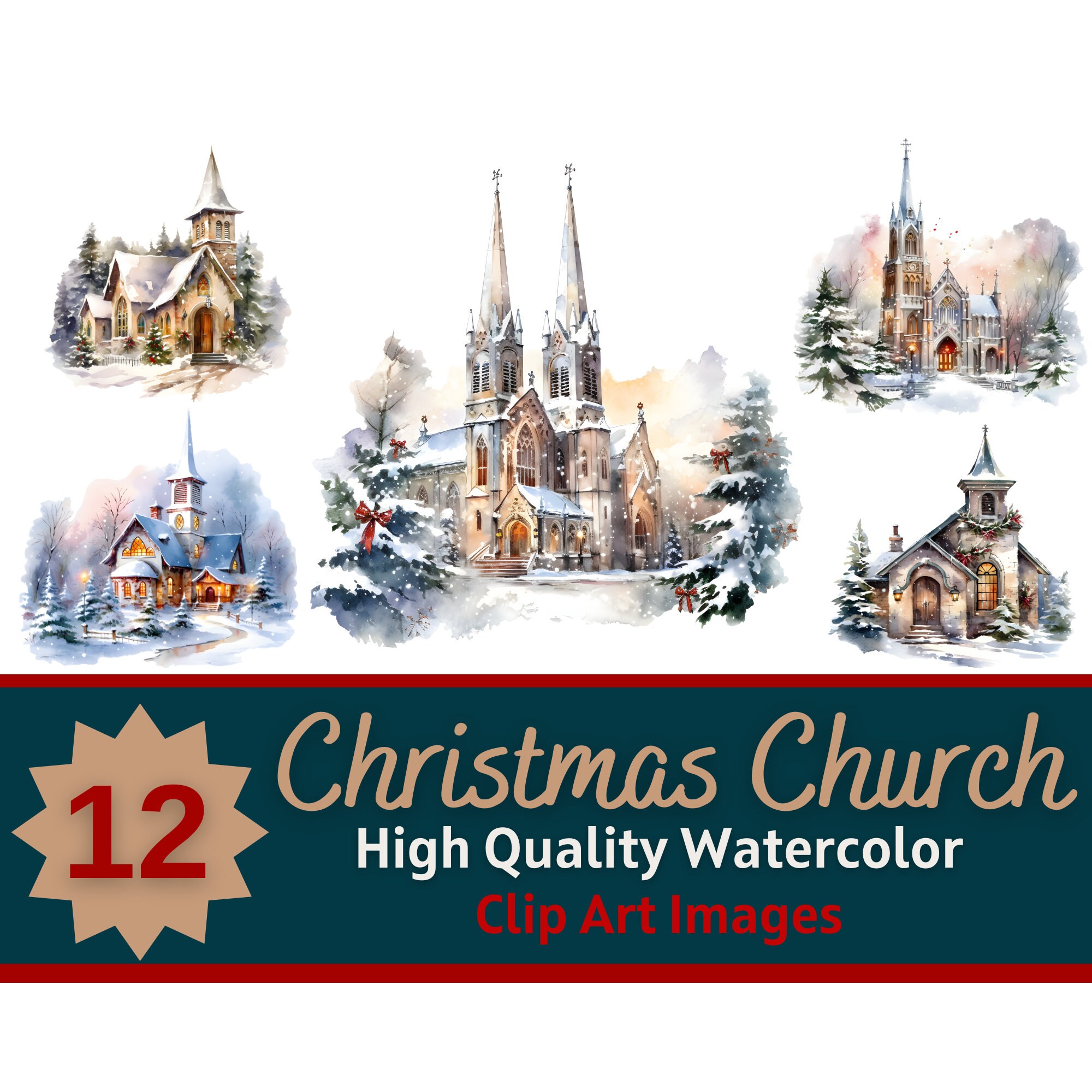 Holiday Christmas Churches Watercolor PNG Bundle - Christian Art Pngs ...
