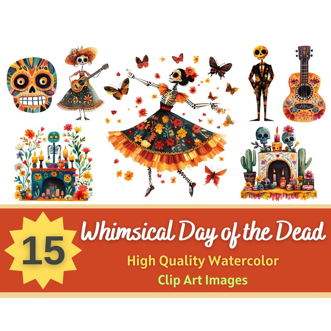Whimsical Dia De Los Muertos PNG Watercolor Bundle | Cute Day of the ...