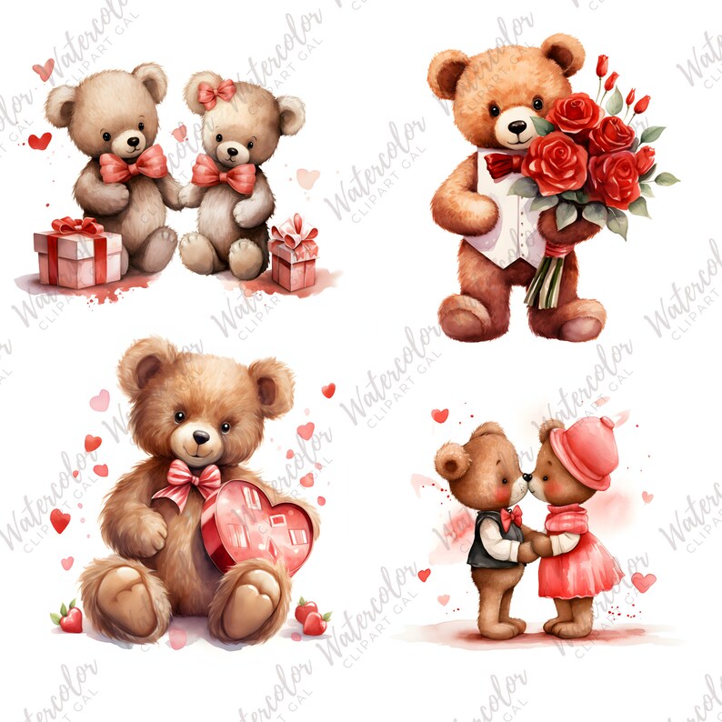 Valentine's Day Bear Watercolor Bundle Valentines Day Clipart Cute Bear ...
