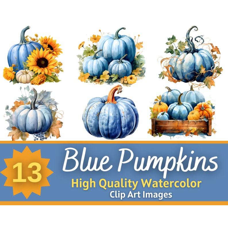 Fall Blue Pumpkins Watercolor PNG Bundle Halloween Blue - Etsy