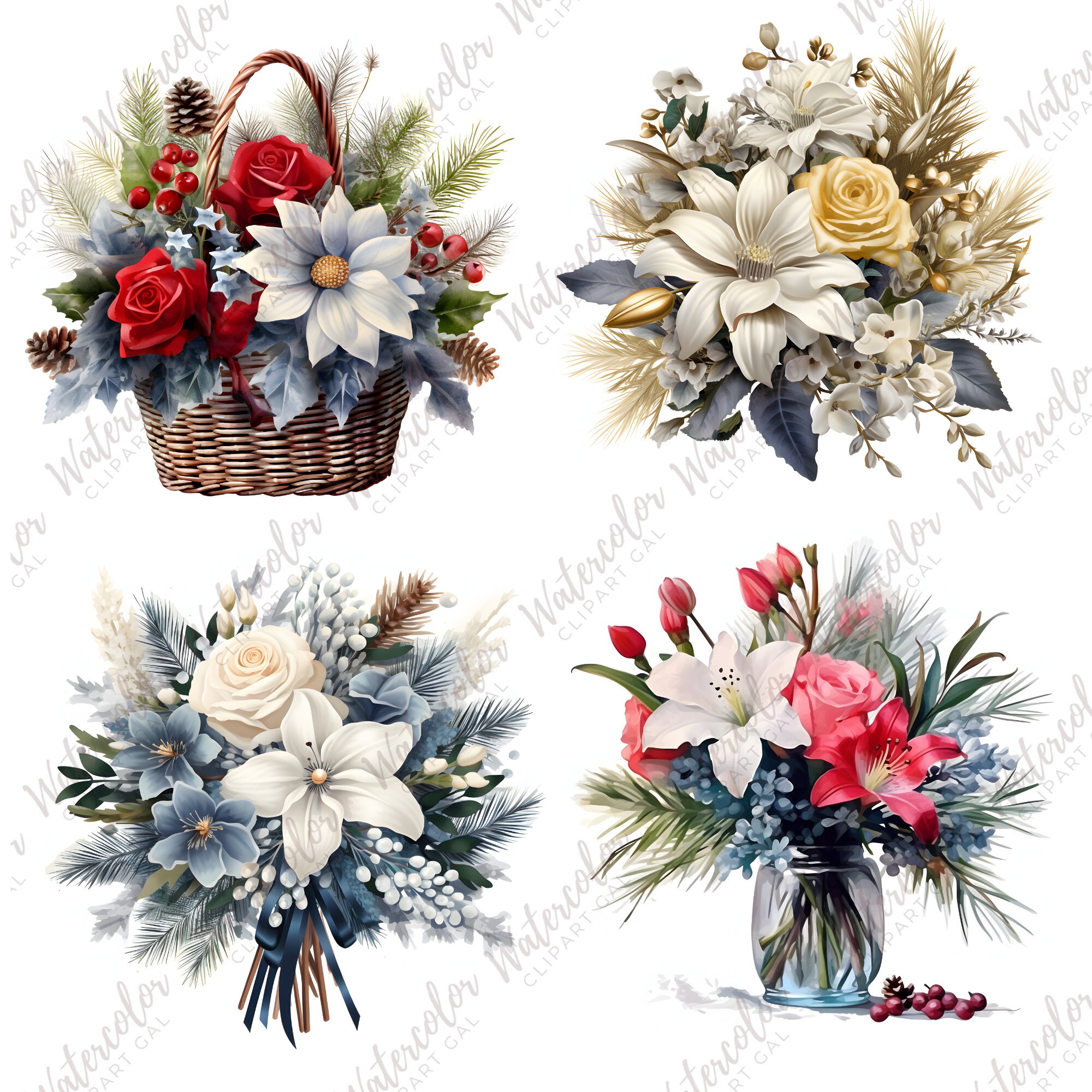 Winter Flowers Clipart Watercolor Bundle Christmas Flowers Clipart ...