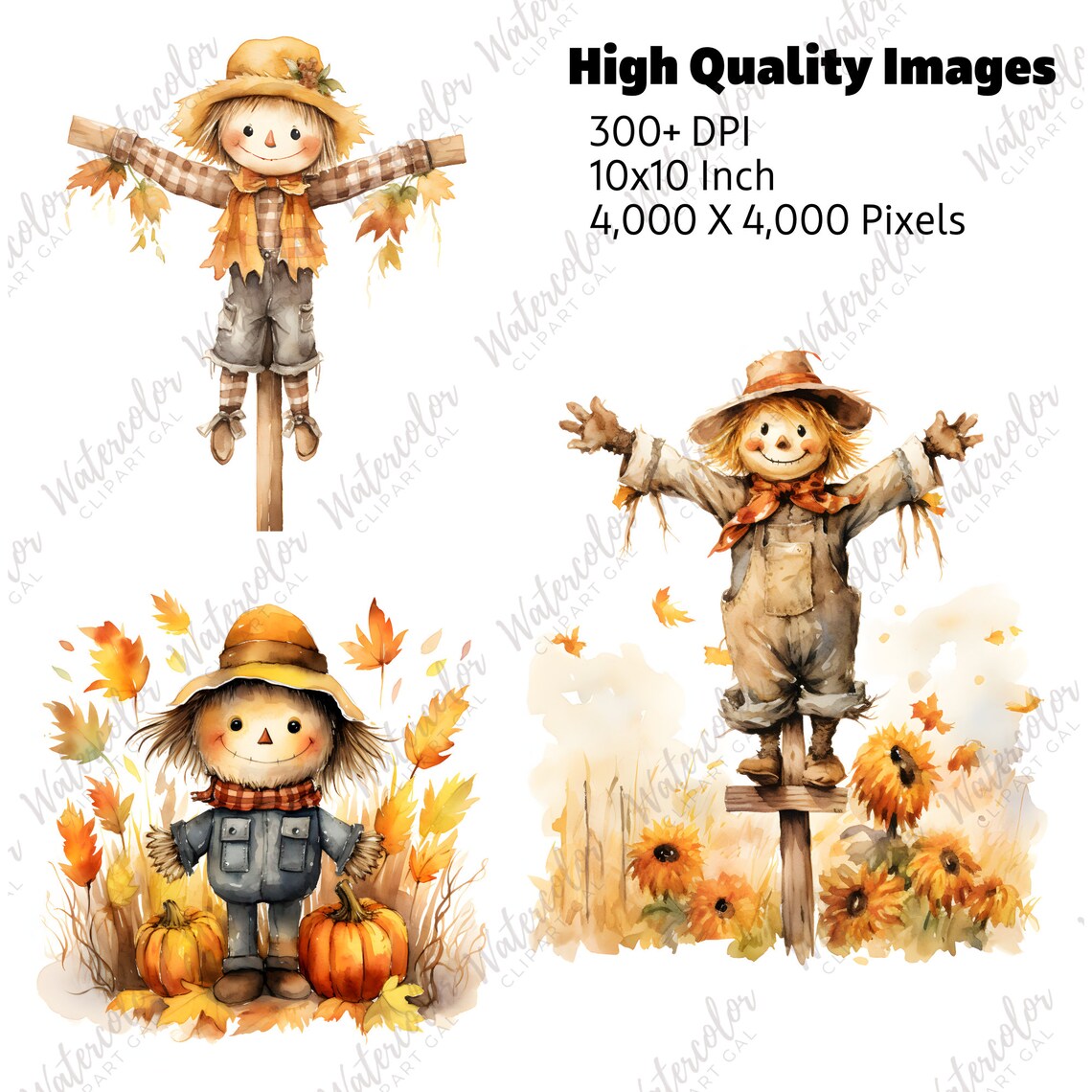 Autumn Fall Scarecrow PNG Clipart Watercolor Bundle Cute - Etsy