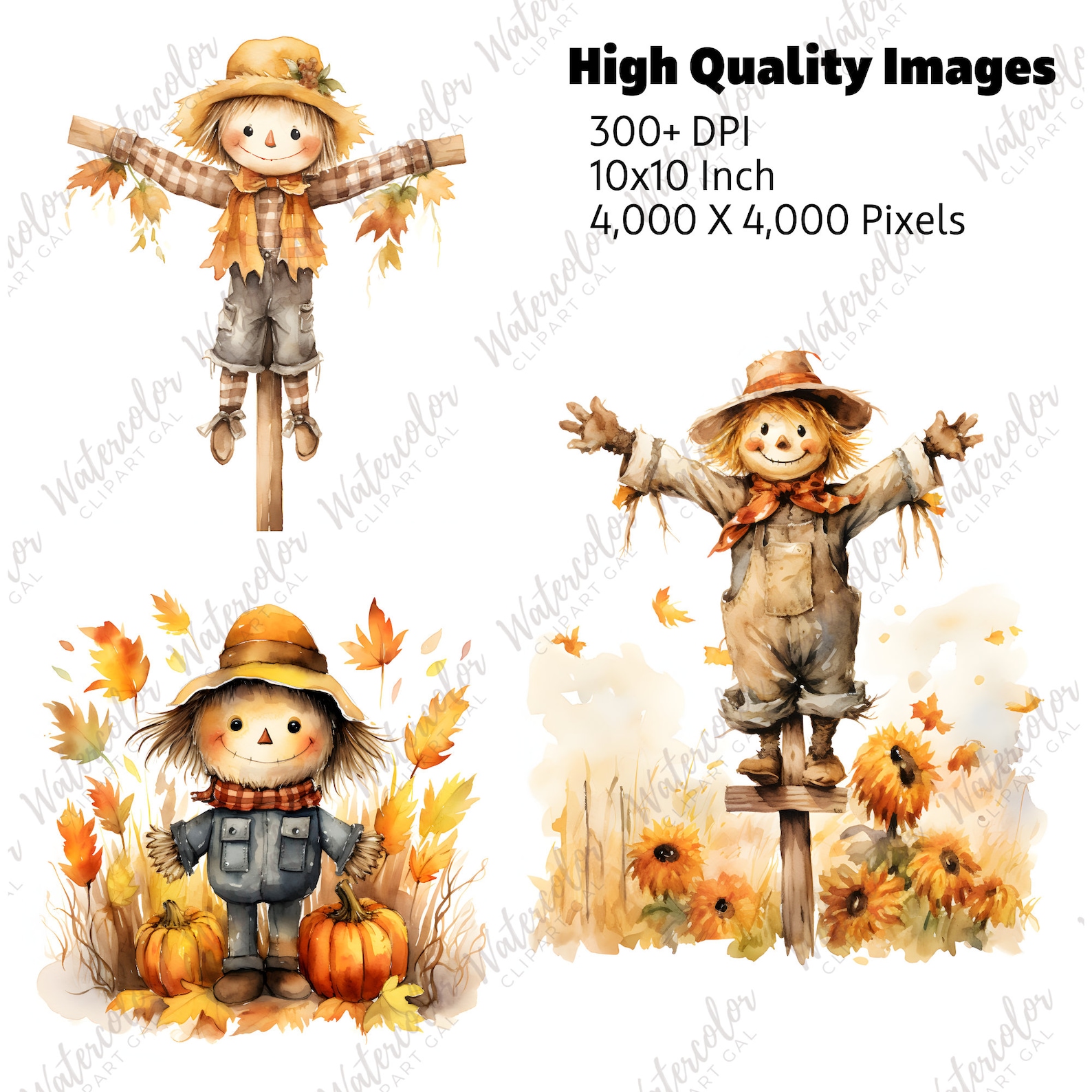 Autumn Fall Scarecrow PNG Clipart Watercolor Bundle Cute - Etsy