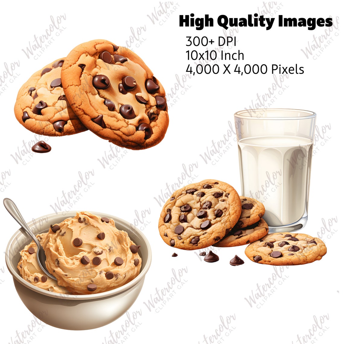 Chocolate Chip Cookie Clipart Watercolor Bundle Dessert Clipart ...
