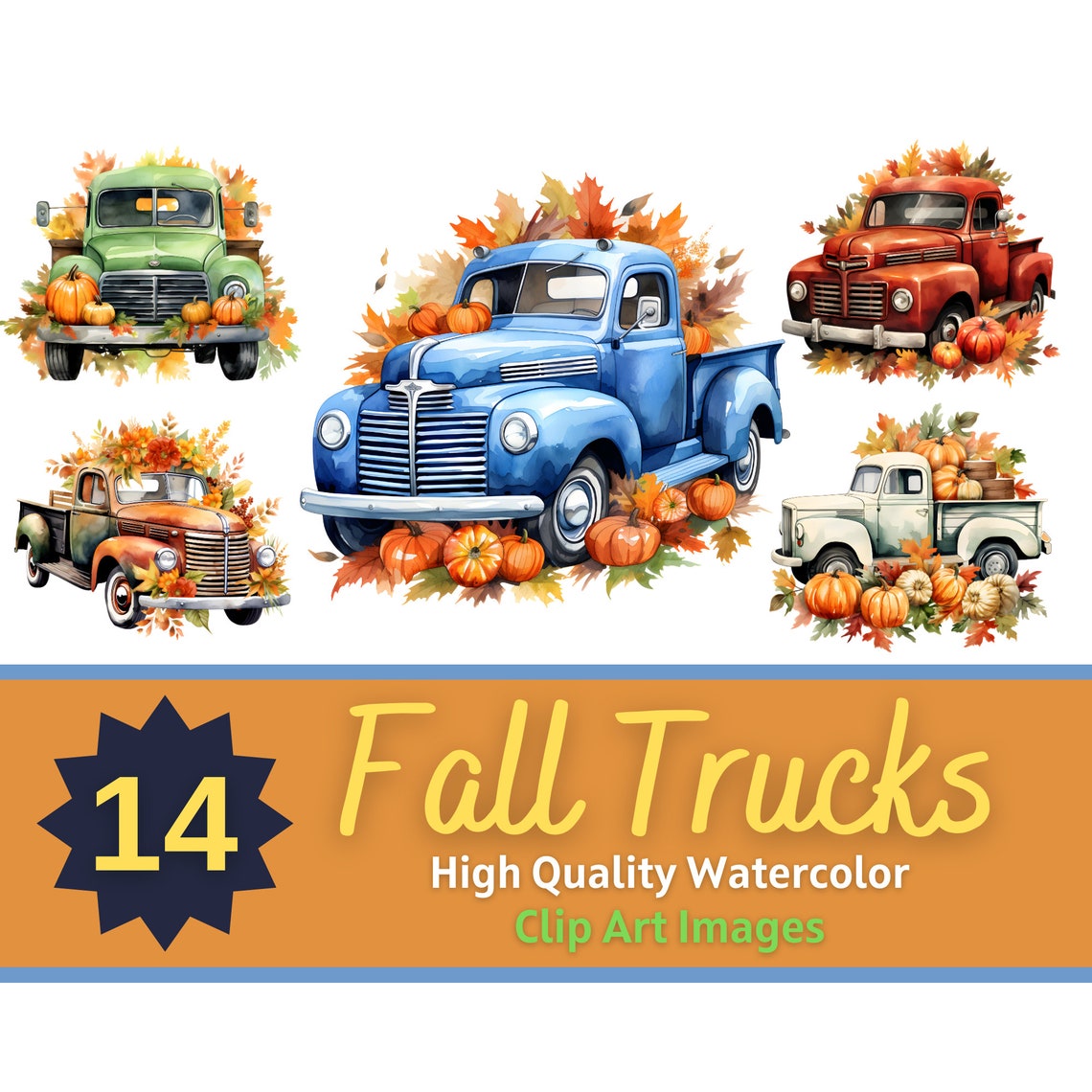 Fall Trucks With Pumpkins PNG Watercolor Autumn Trucks With Orange ...