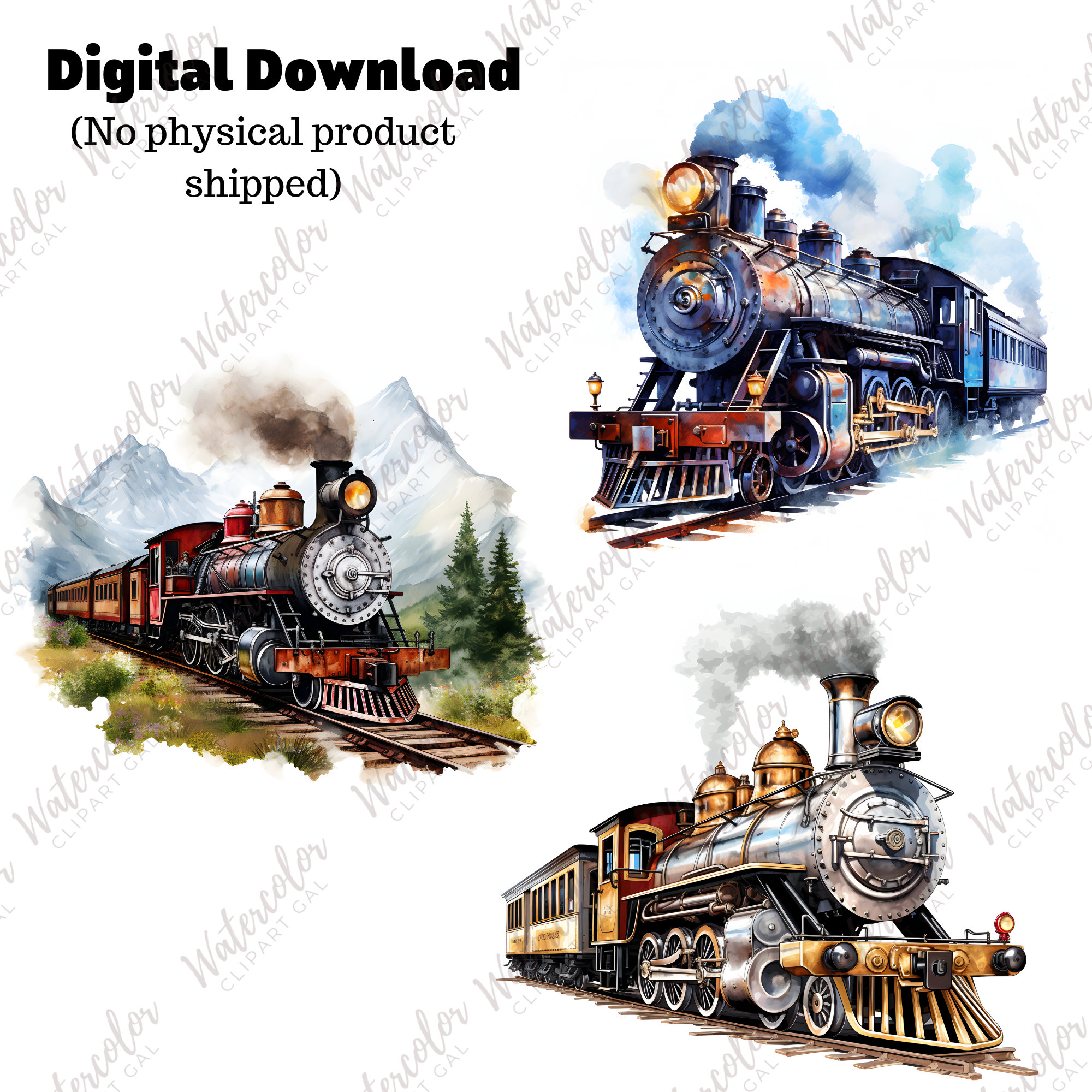 Watercolor Train Clipart PNG Bundle Vintage Train PNG Steam Train Art ...