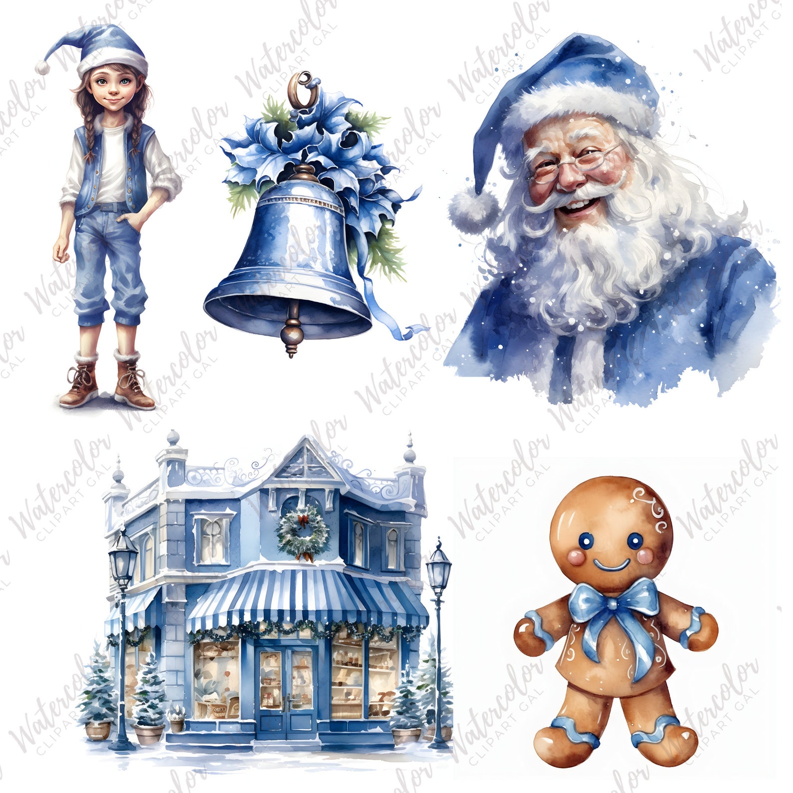 Watercolor Blue Christmas Clipart PNG Bundle Christmas Card - Etsy