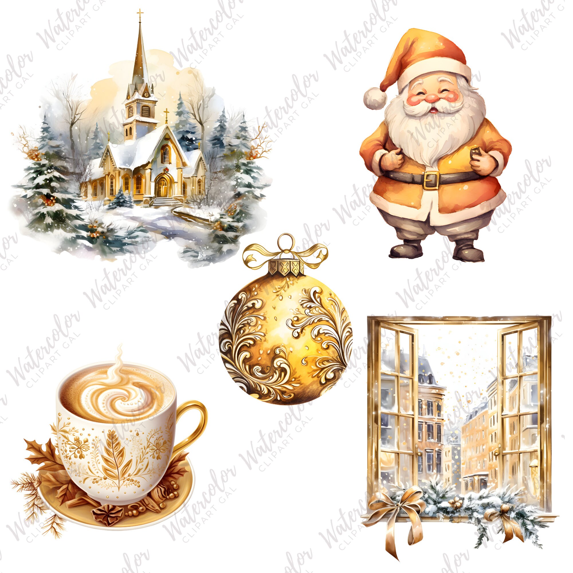 Watercolor Gold Christmas Clipart PNG Bundle Golden Christmas Card ...