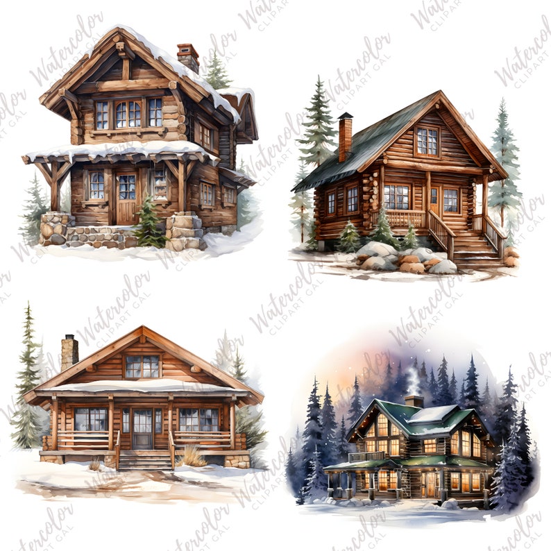 Cozy Winter Log Cabin Clipart Watercolor PNG | Rustic Winter Cabin PNG ...