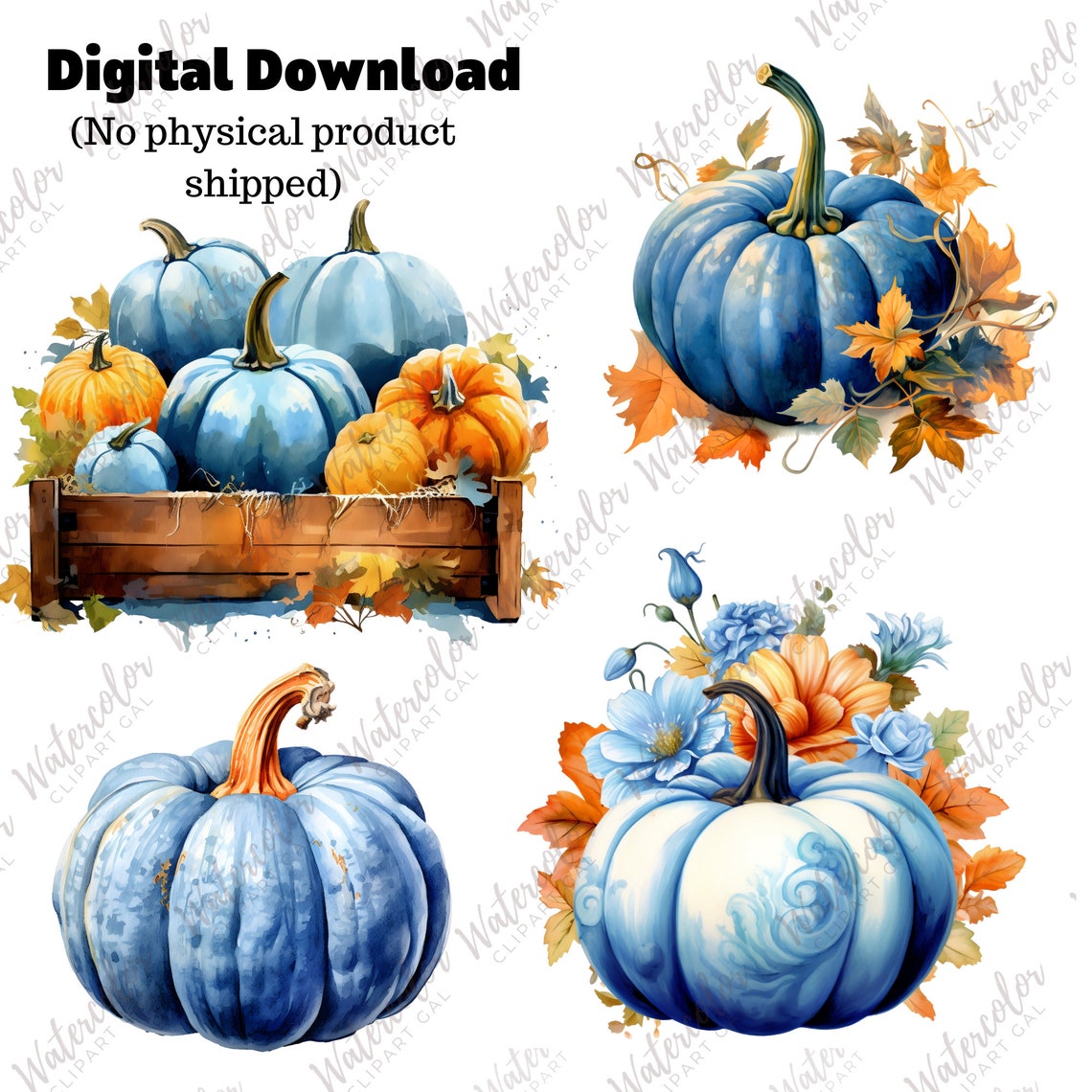 Fall Blue Pumpkins Watercolor PNG Bundle Halloween Blue - Etsy