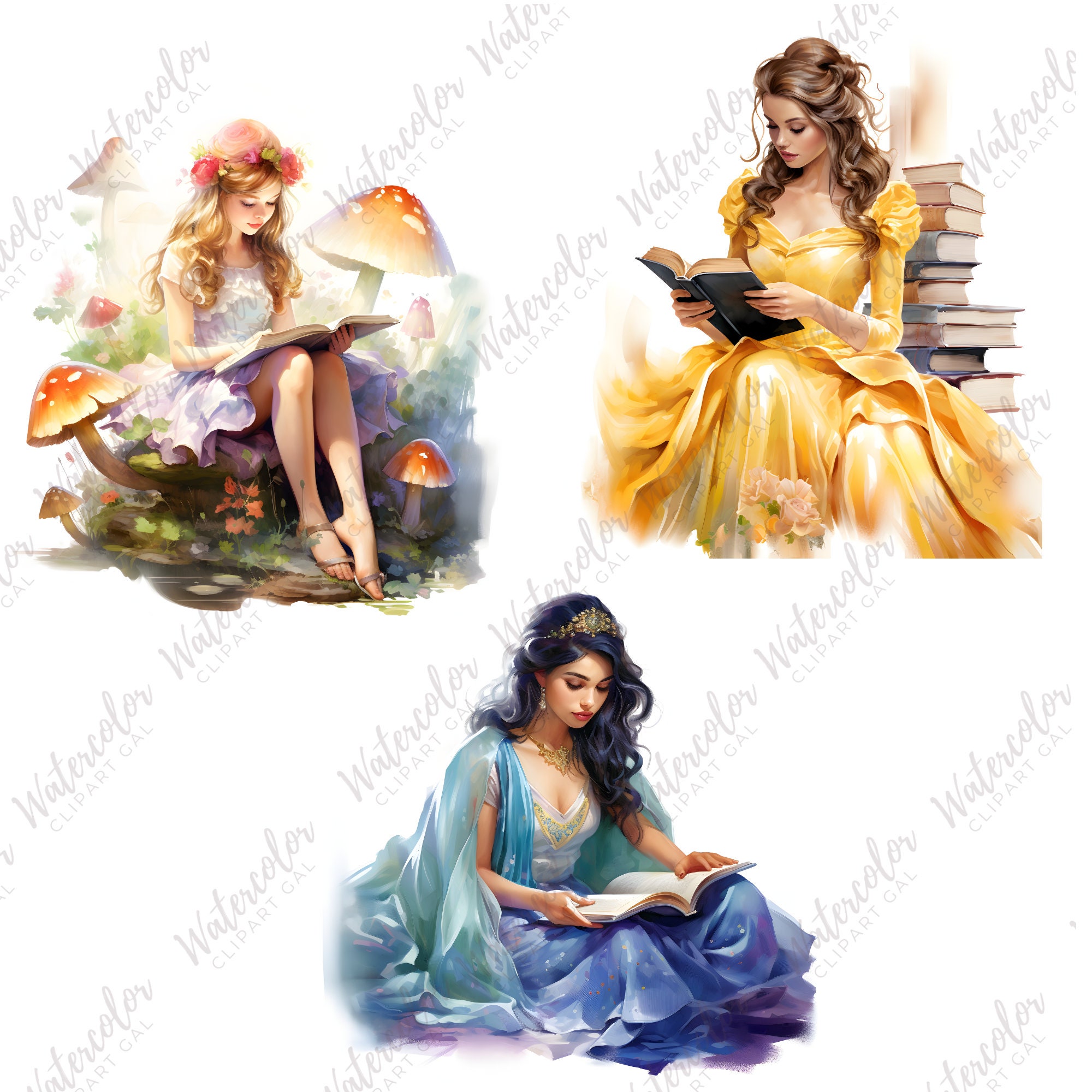 Fairytale Clipart Reading Princess PNG Watercolor Bundle - Etsy