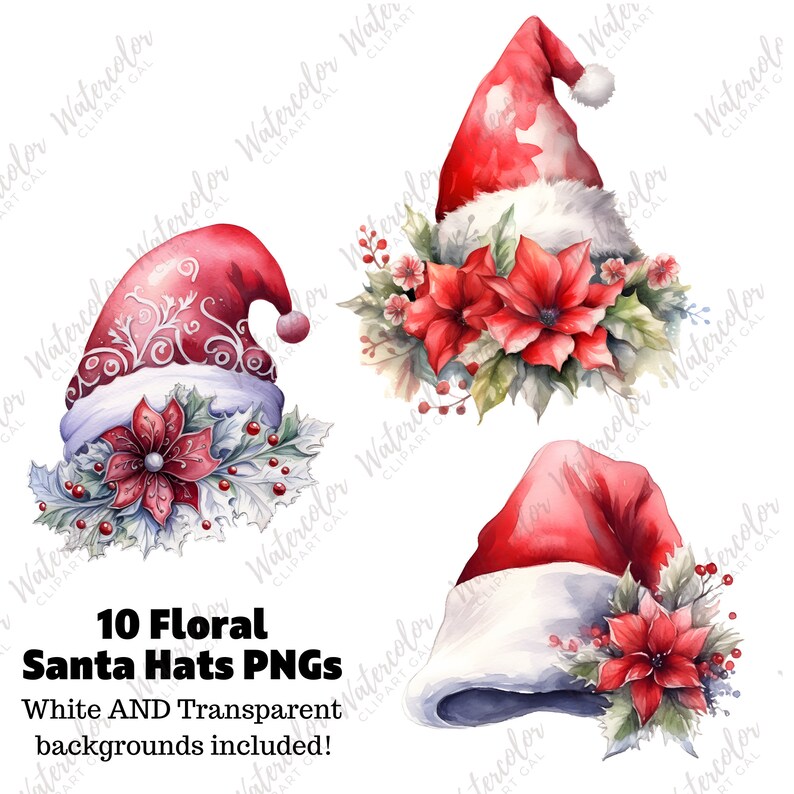 Floral Santa Hats Clipart PNG Watercolor Bundle Unique Santa Hat ...