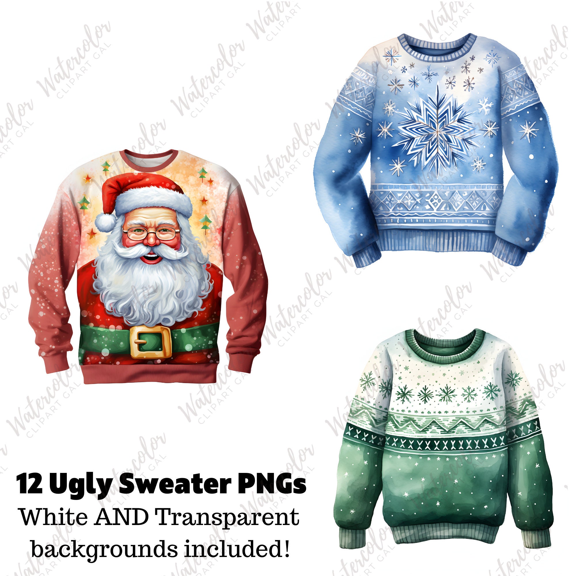 Ugly Sweater PNG Watercolor Christmas Bundle Christmas - Etsy