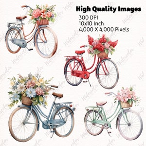 Retro Floral Bicycles Watercolor PNG Bundle - Bike With Flowers Basket ...