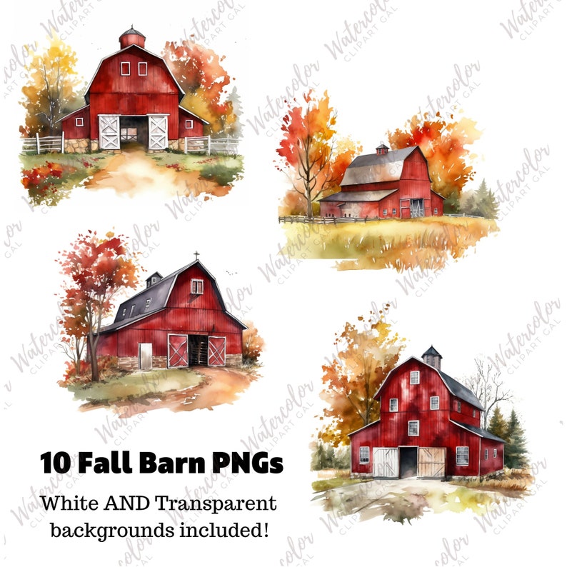 Autumn Fall Farm Red Barns Watercolor PNG Bundle Fall - Etsy