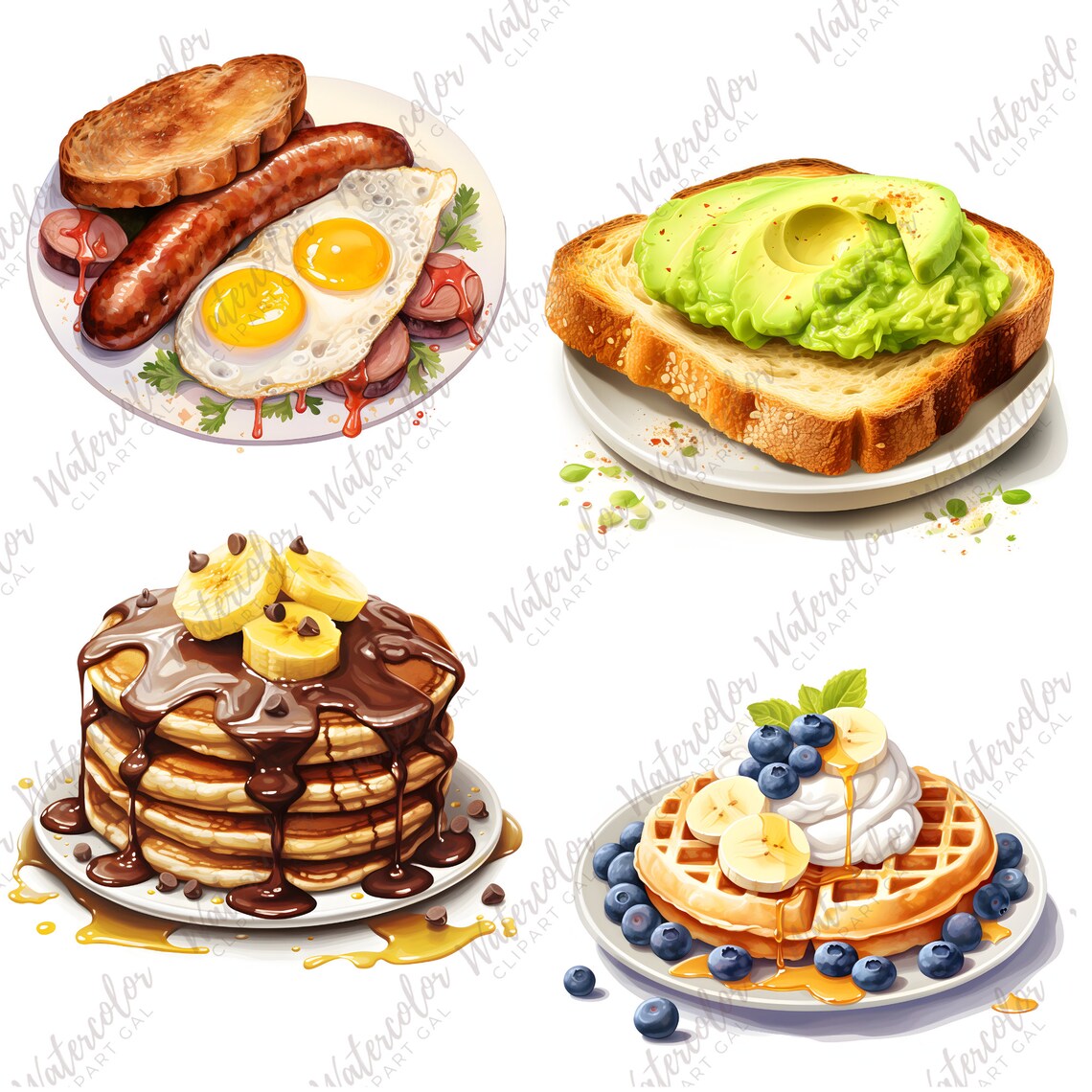 Breakfast Foods Clipart Watercolor Bundle Breakfast PNG Food Clipart ...
