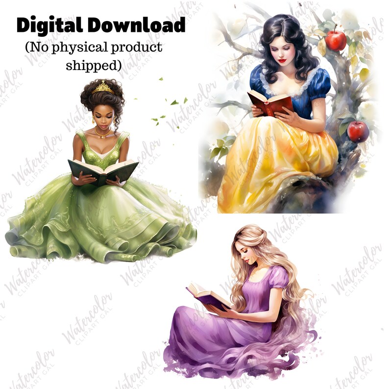 Fairytale Clipart Reading Princess PNG Watercolor Bundle Book Lover ...